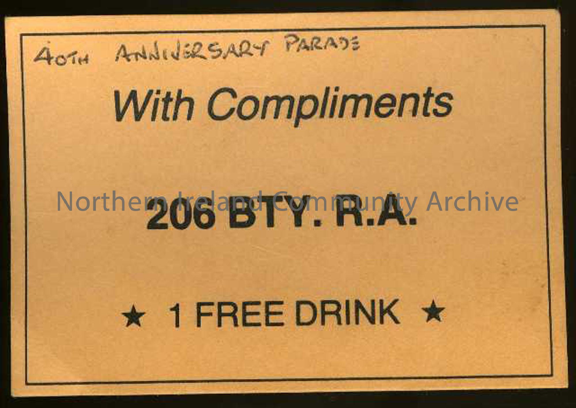 Complimentary drink card – NI Archive
