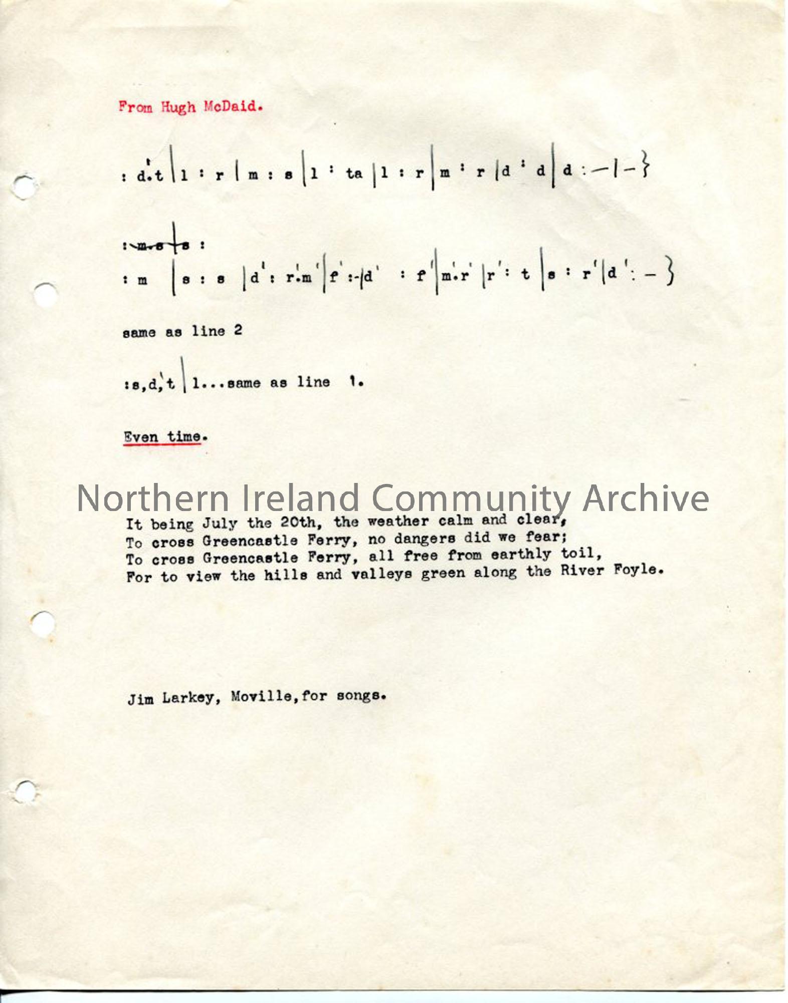 Tonic sol-fa notation and words to untitled song – NI Archive