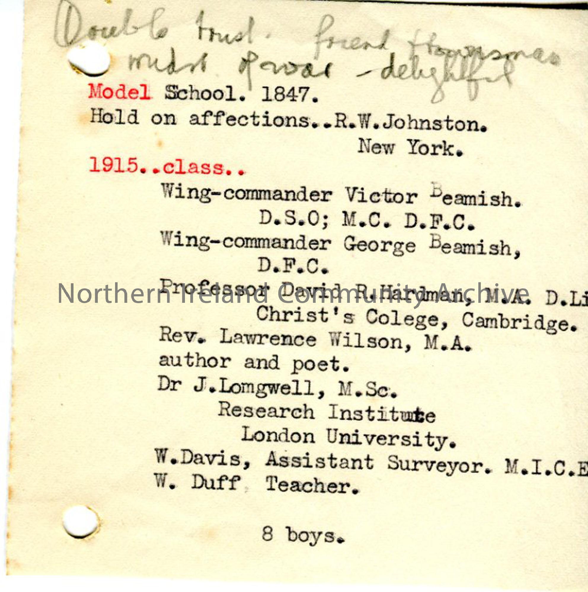 Typed notes- ‘1915 ..class’ military personnel – NI Archive