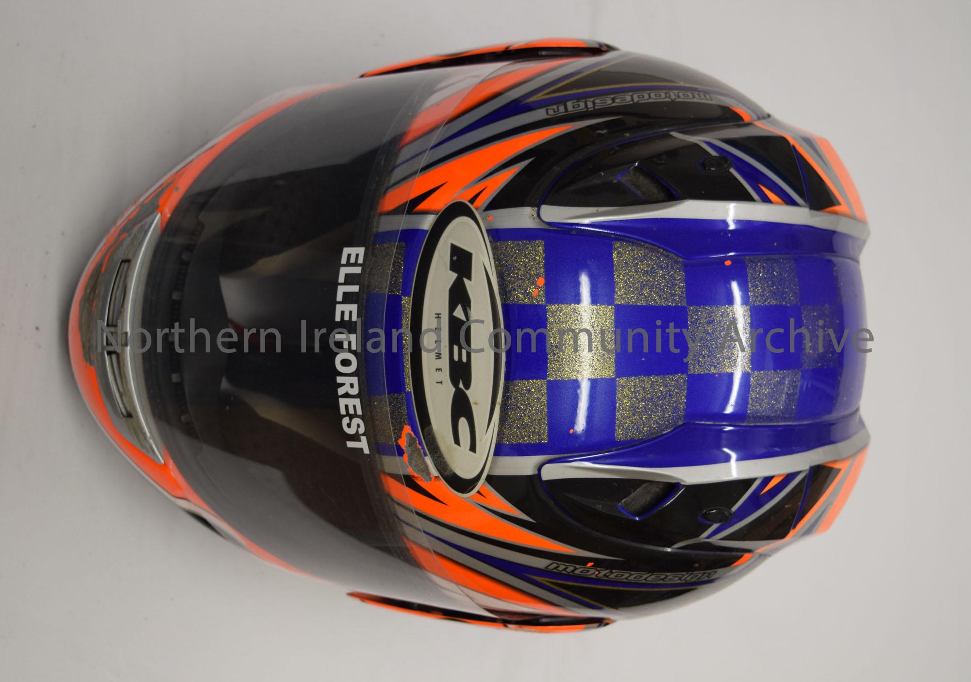 KBC motorcycle helmet belonging to Elle Forest. Black helmet with ...