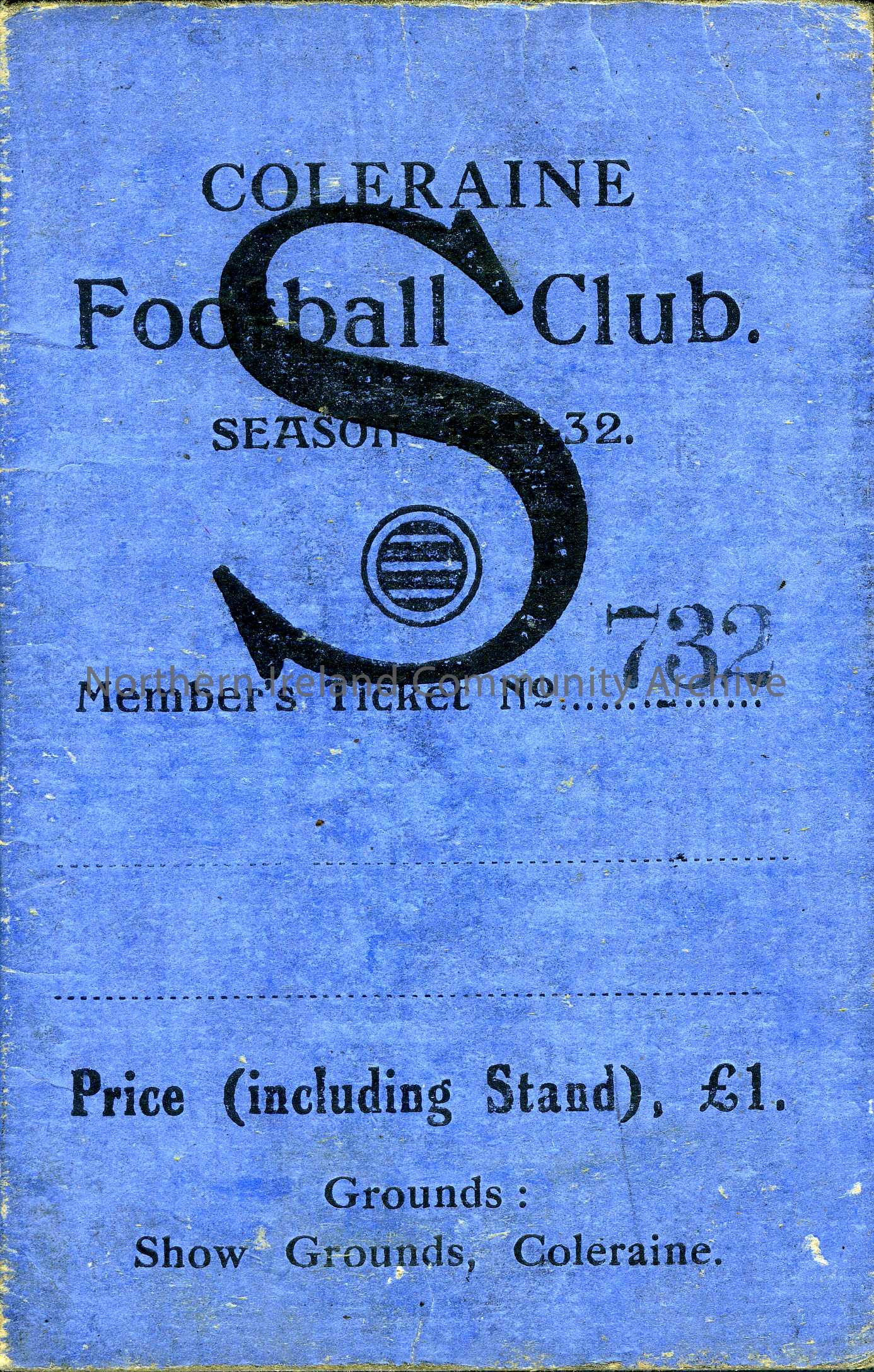 Season ticket for Coleraine Football Club 1931 – 1932. Fixtures listed ...