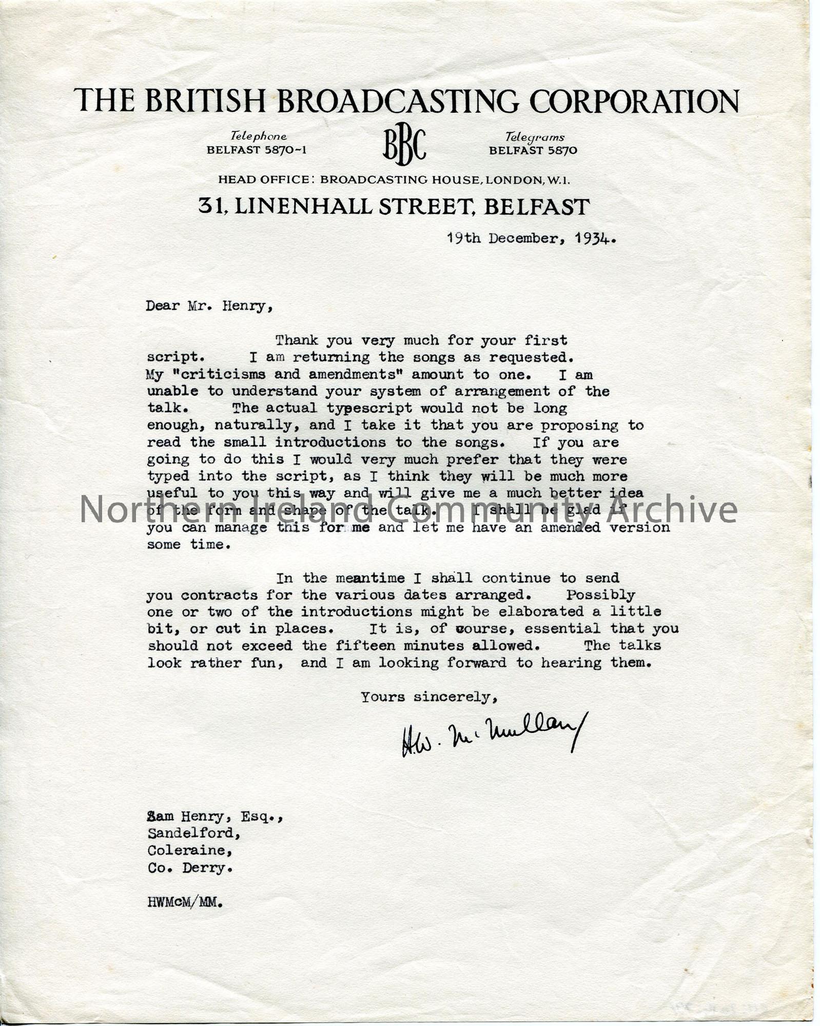 Typed letter on BBC headed notepaper. Asking for clarification on ...