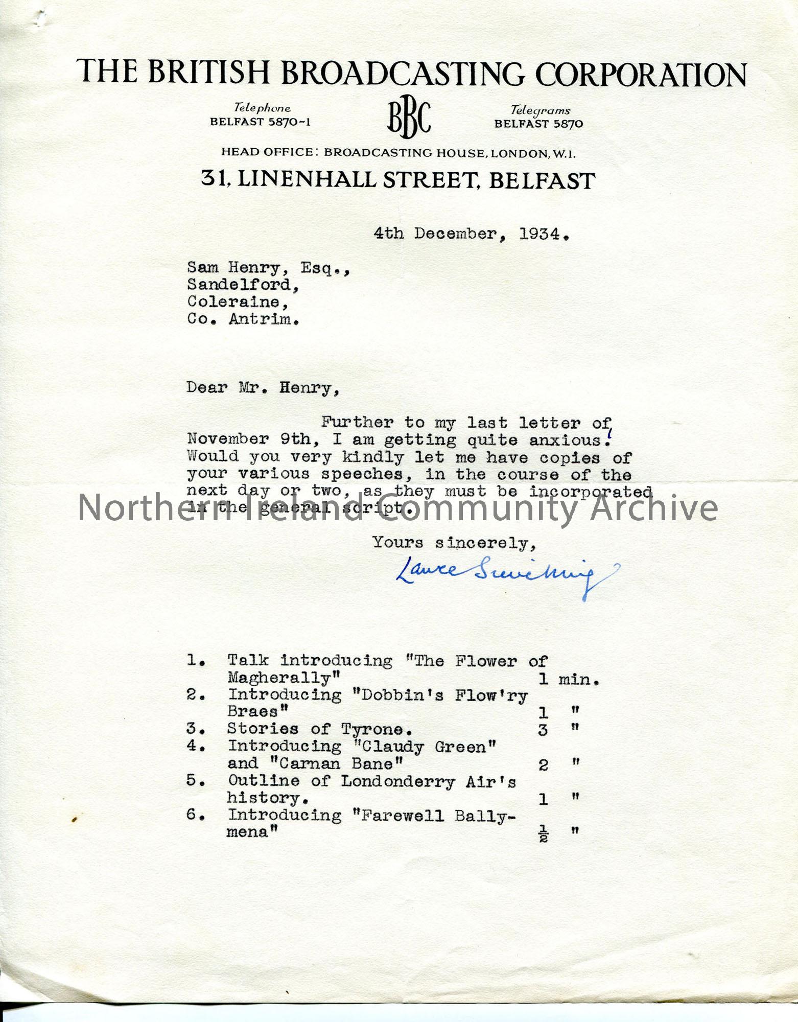 Typed letter on BBC headed notepaper. Asking Sam for copies of talks to ...