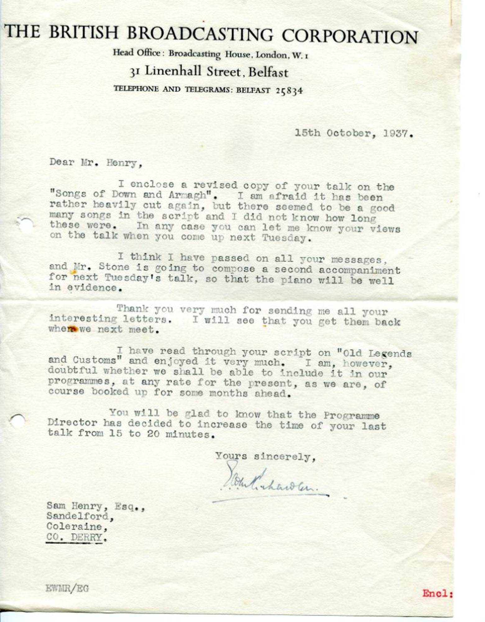 Letter from the BBC, dated 15.10.1937 – NI Community Heritage Archive