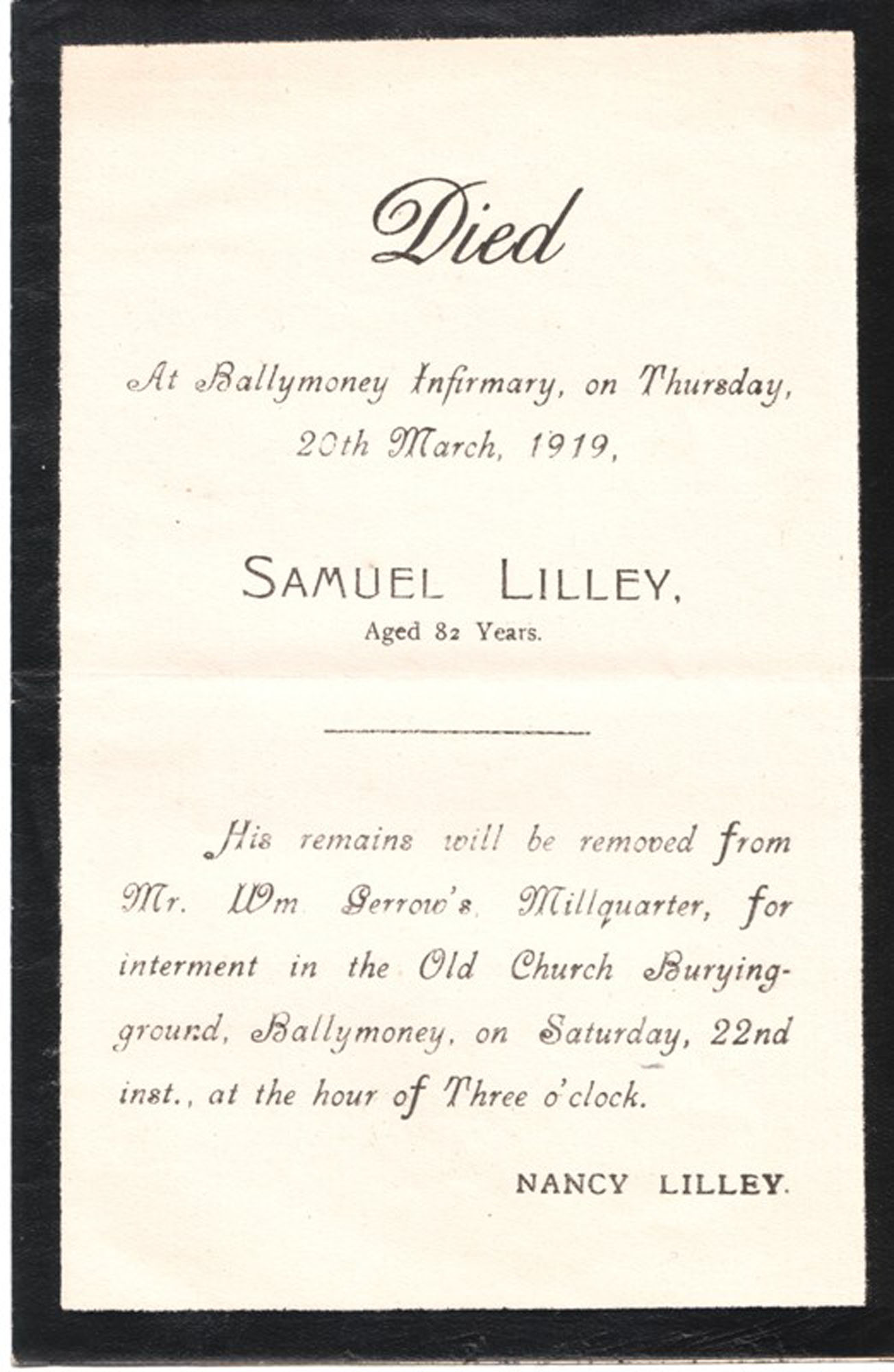 Samuel Lilley buried in Old Church Burying Ground, Ballymoney d. 20th ...