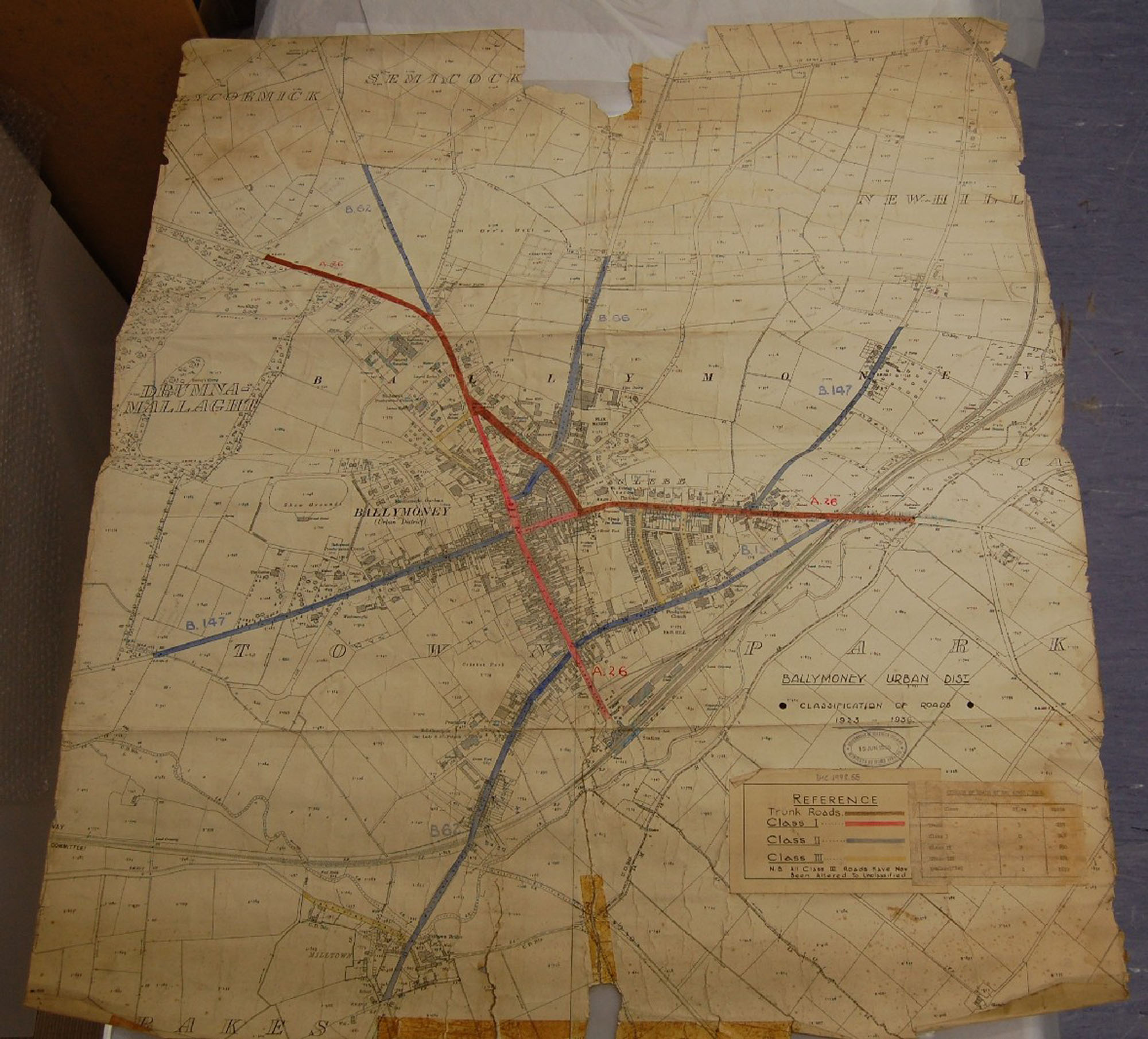 Map of Ballymoney Urban District showing the classification of roads ...