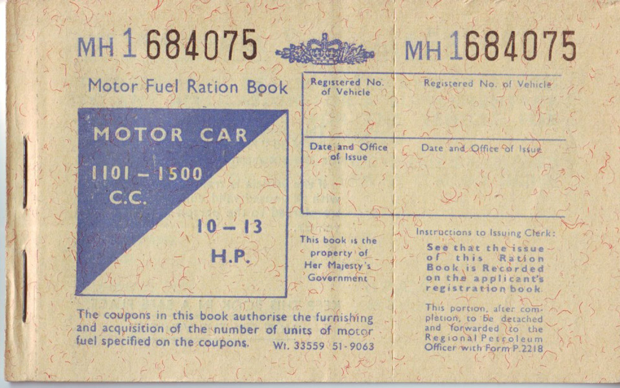 Motor fuel ration book- MH1 684075 Motor car 1101-1500 c.c 10-13 H.P ...
