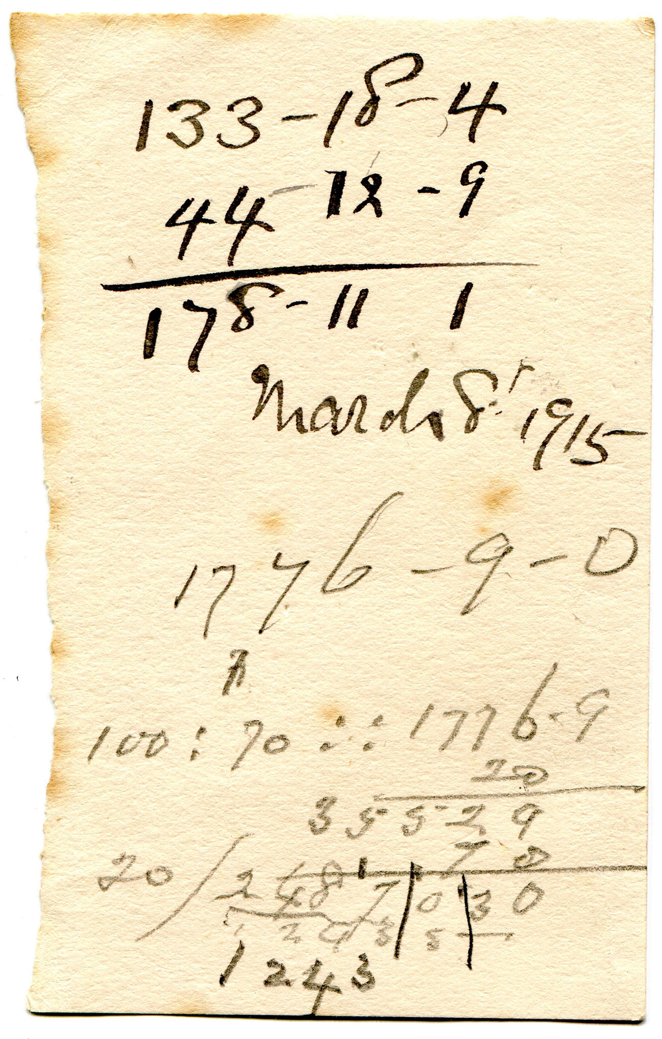 Torn off piece of paper with handwritten rough notes re sums of money ...