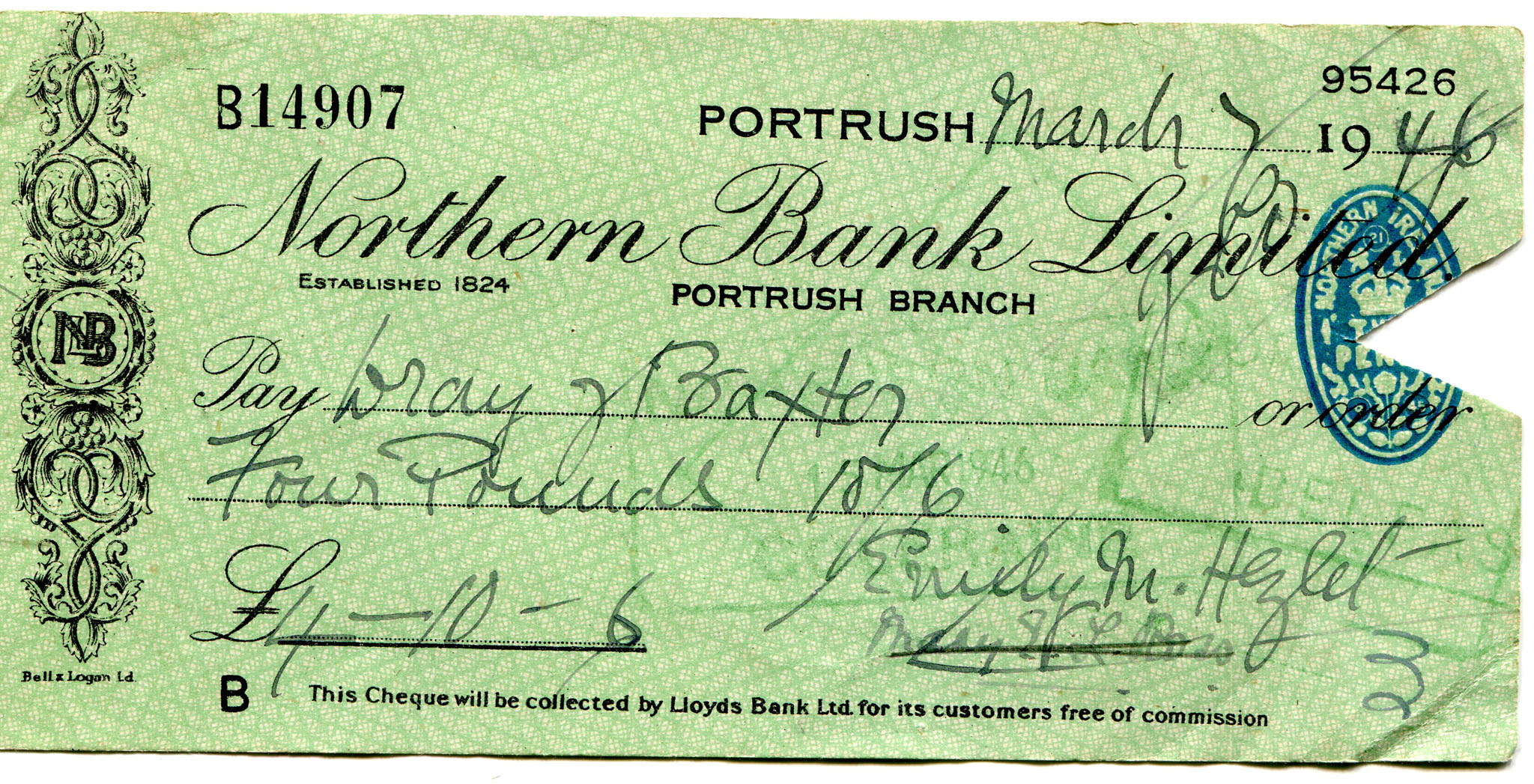 Handwritten cheque payable to Wray & Baxter for £4-10-6 and signed by ...