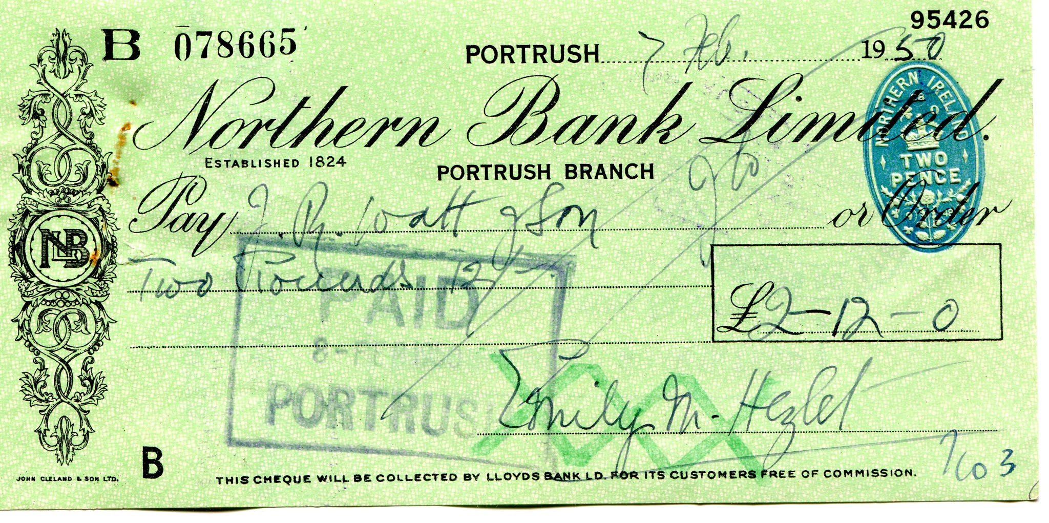 Handwritten cheque payable to J.R.Watt and Son for £2-12-0. Signed by ...