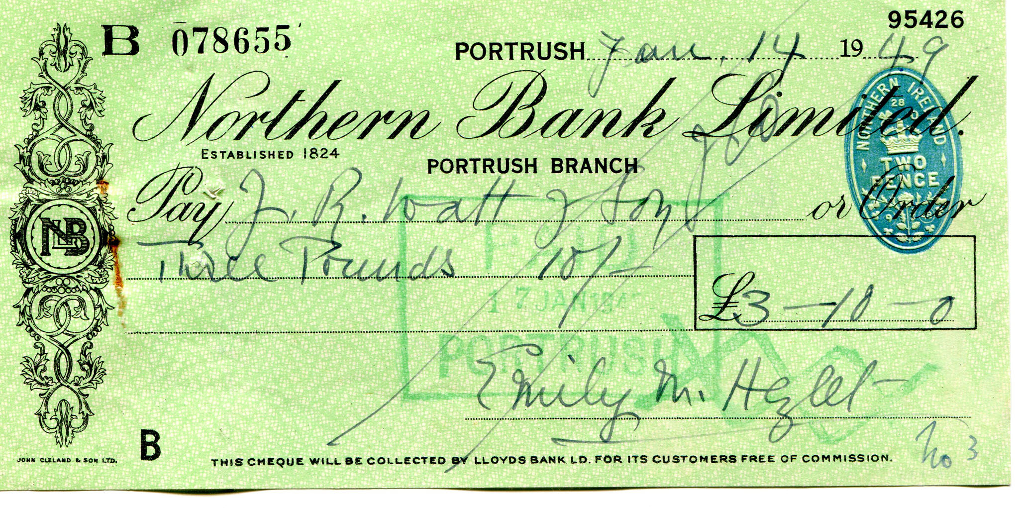 Handwritten cheque payable to J.R.Watt and Son for £3-10-0. Signed by ...