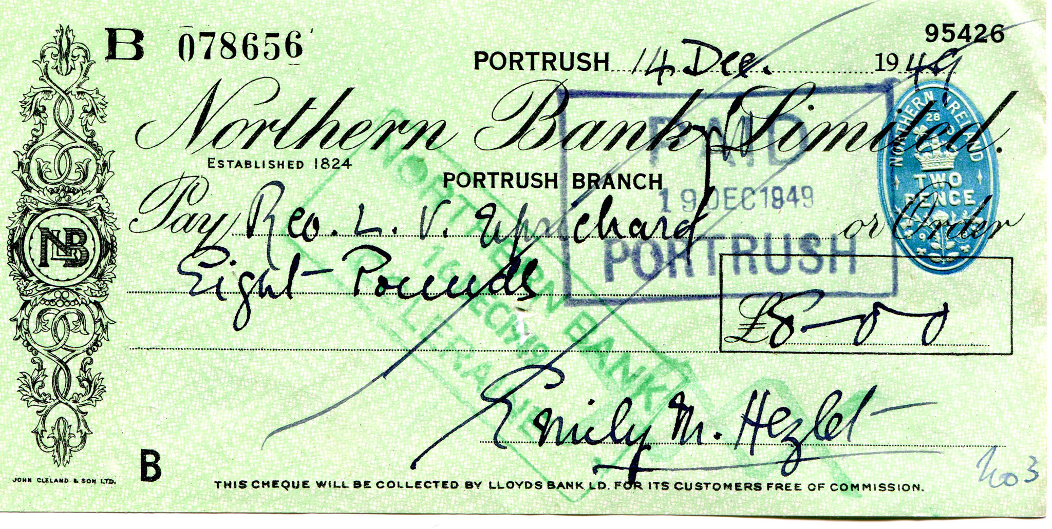 Handwritten cheque payable to Rev. L.V.Uprichard for £8-0-0. Signed by ...