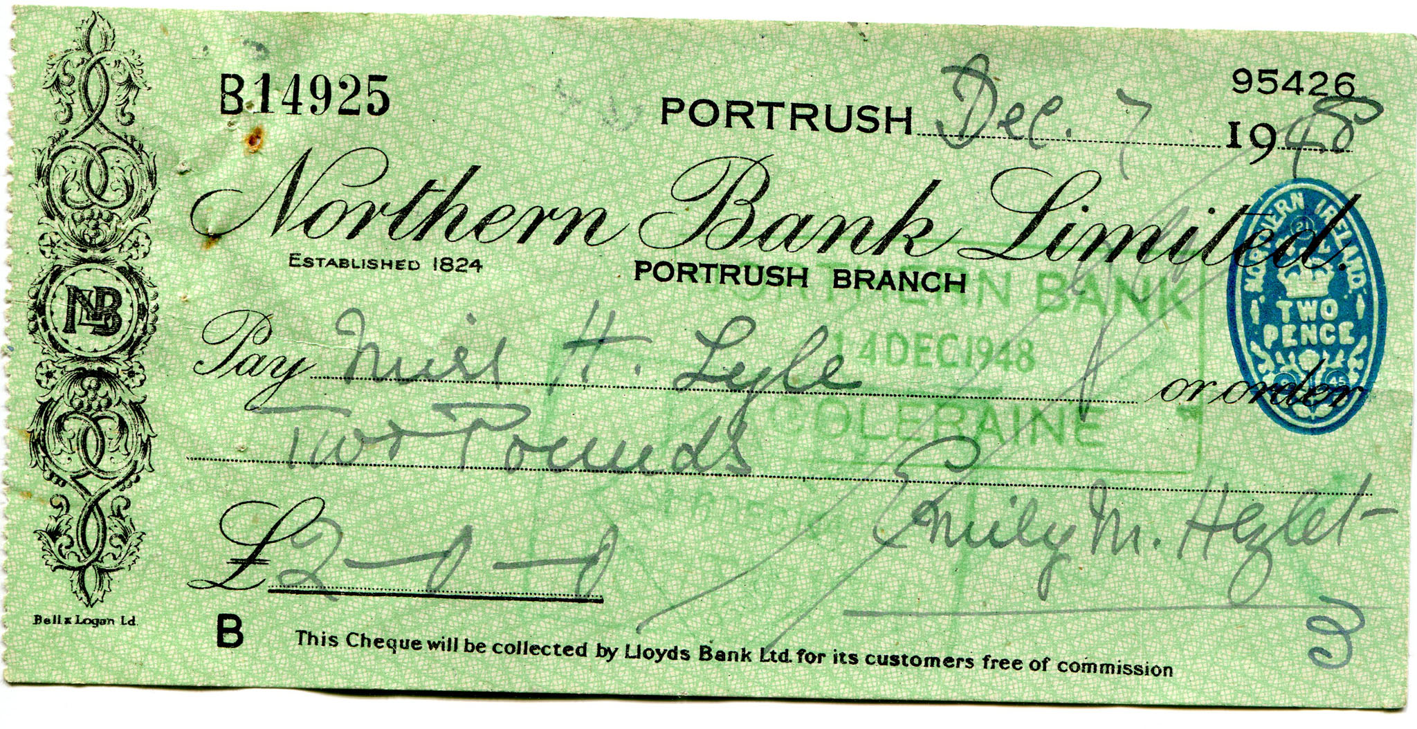 Northern Bank Limited, Portrush branch, cheque. Dated 7th December ...