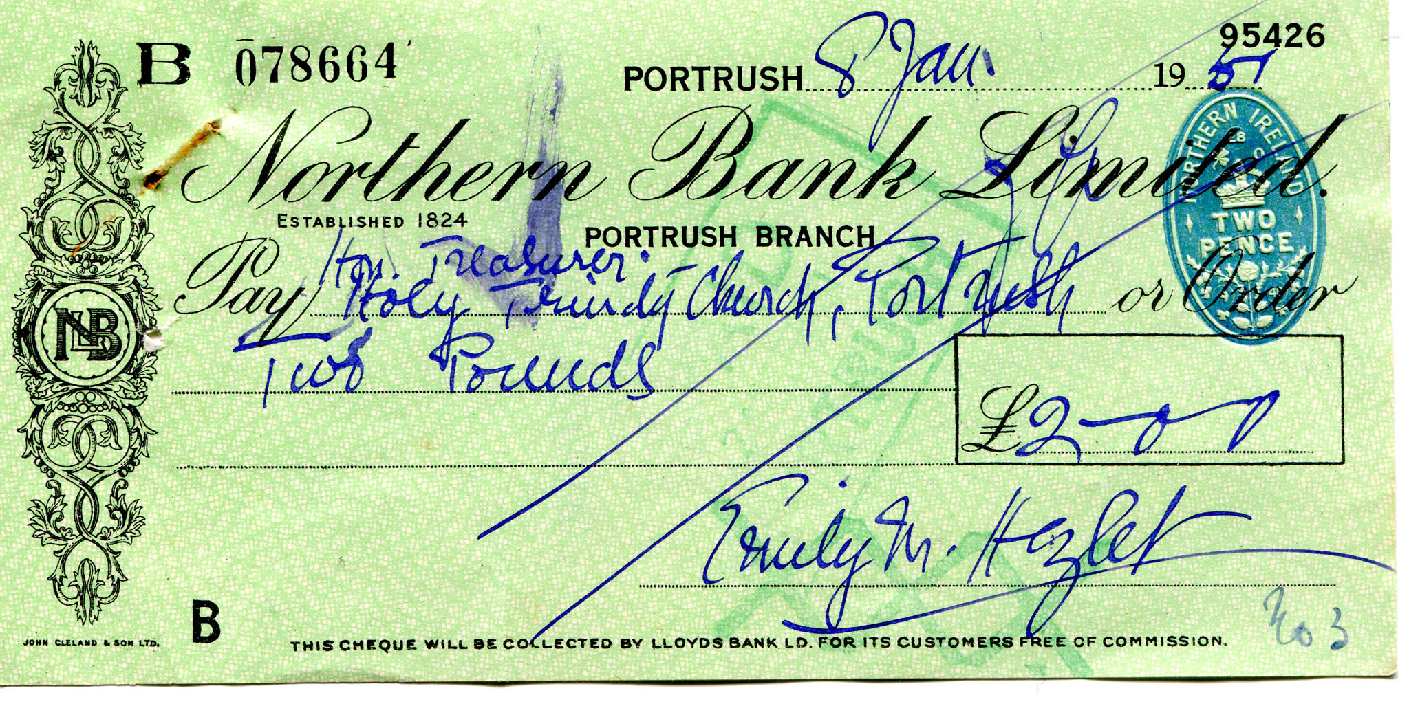 Northern Bank Limited, Portrush branch, cheque. Dated 8th January, 1957 ...
