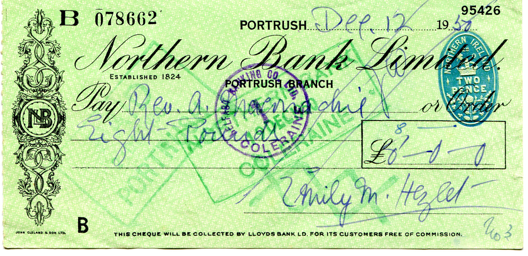 Northern Bank Limited, Portrush branch, cheque. Dated 12th December ...
