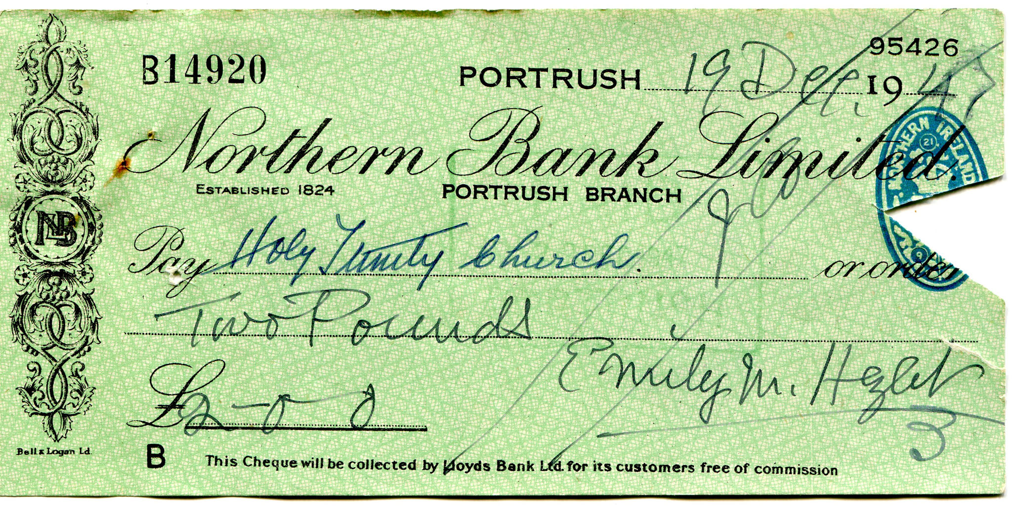 Handwritten Northern Bank Limited, Portrush branch cheque, no B14920 ...