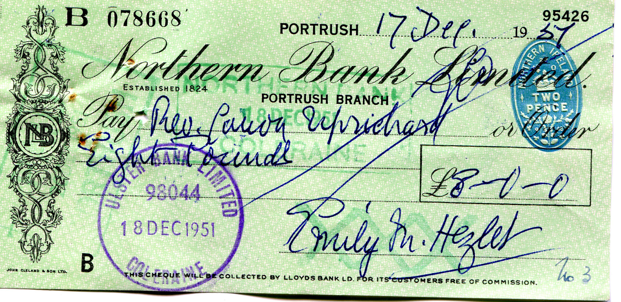 Handwritten Northern Bank Limited, Portrush branch cheque, no 078668 ...