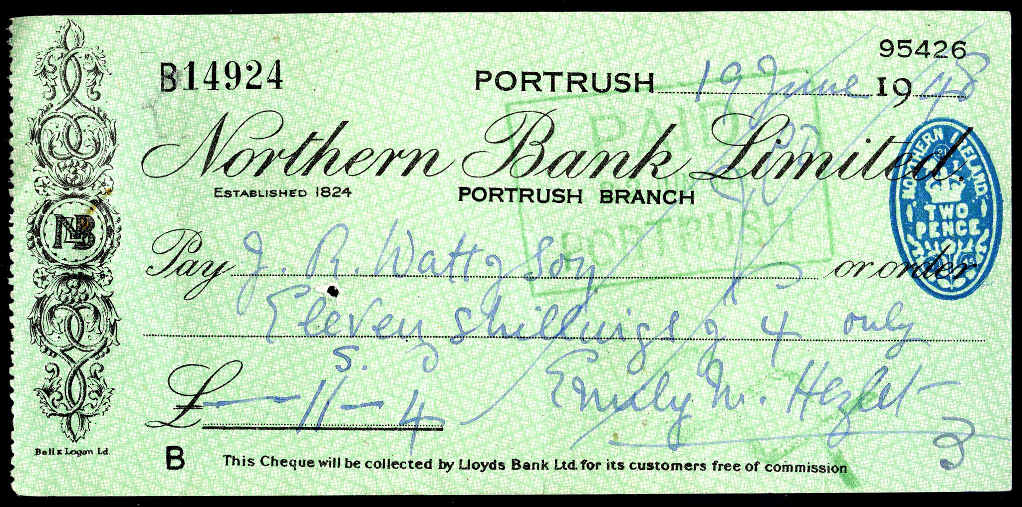 A cheque from ‘Northern Bank Limited’, ‘Portrush’ branch. Cheque no ...