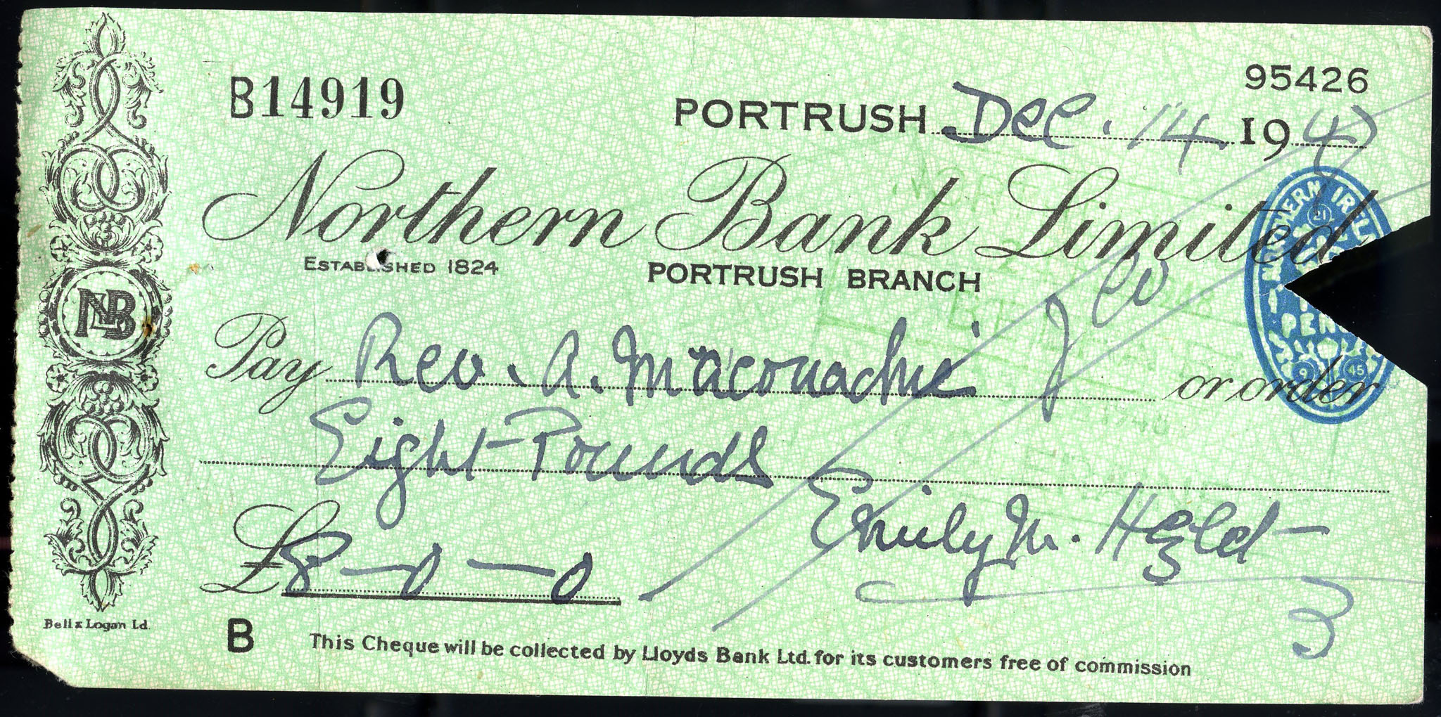 A cheque from ‘Northern Bank Limited’, ‘Portrush’ branch. Cheque no ...