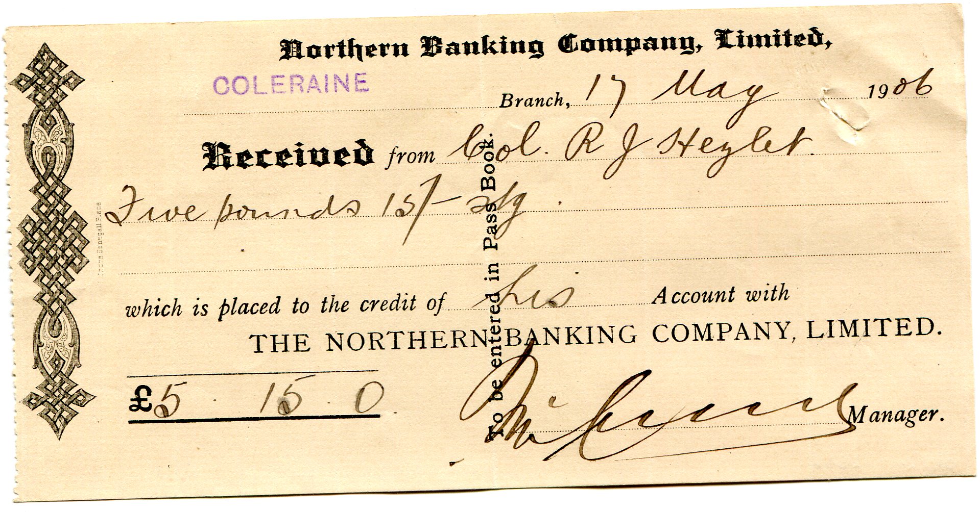 Handwritten receipt for lodgement of payment into the bank account of ...