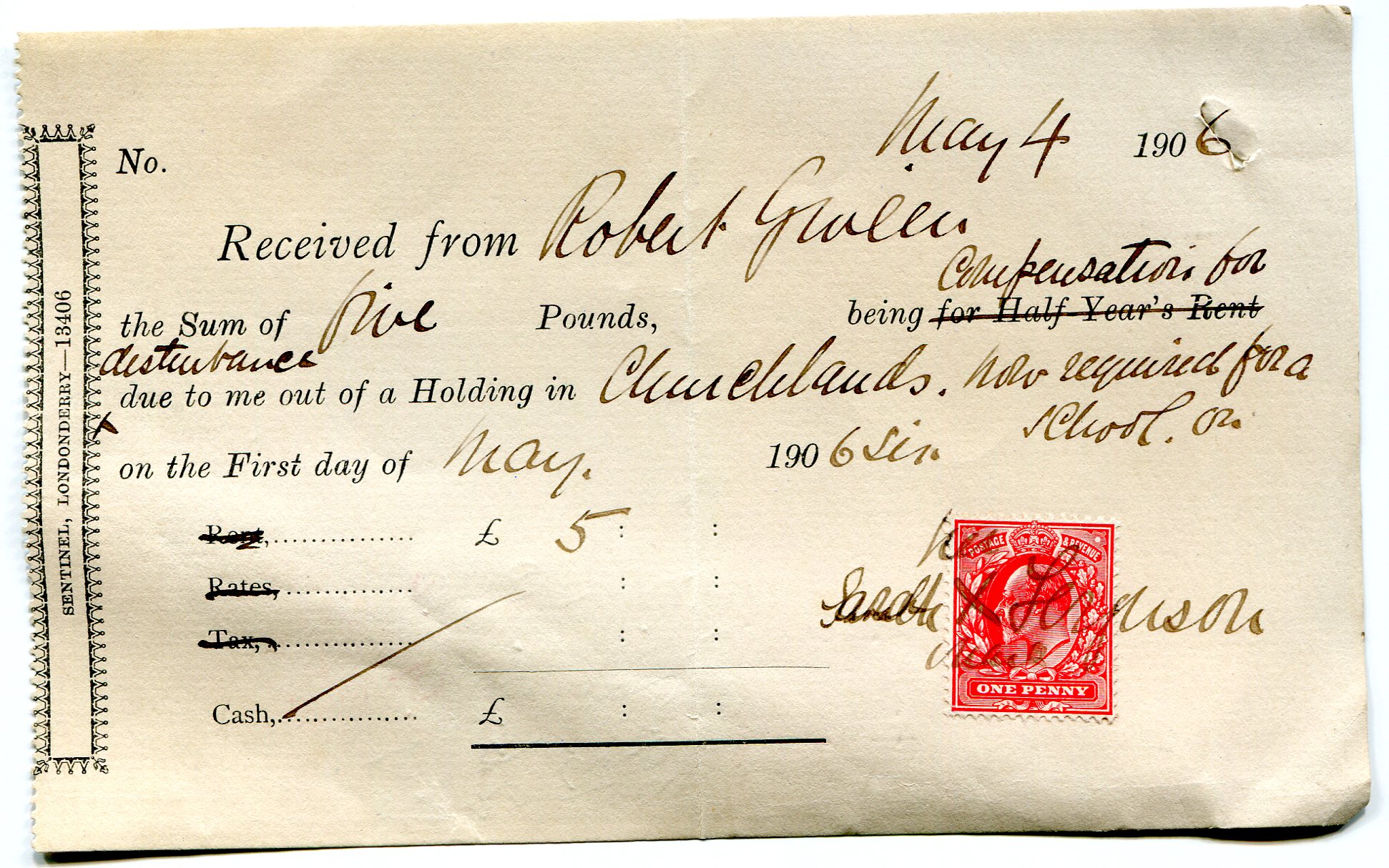 Handwritten receipt for payment from Robert Giveen for the sum of £5 ...