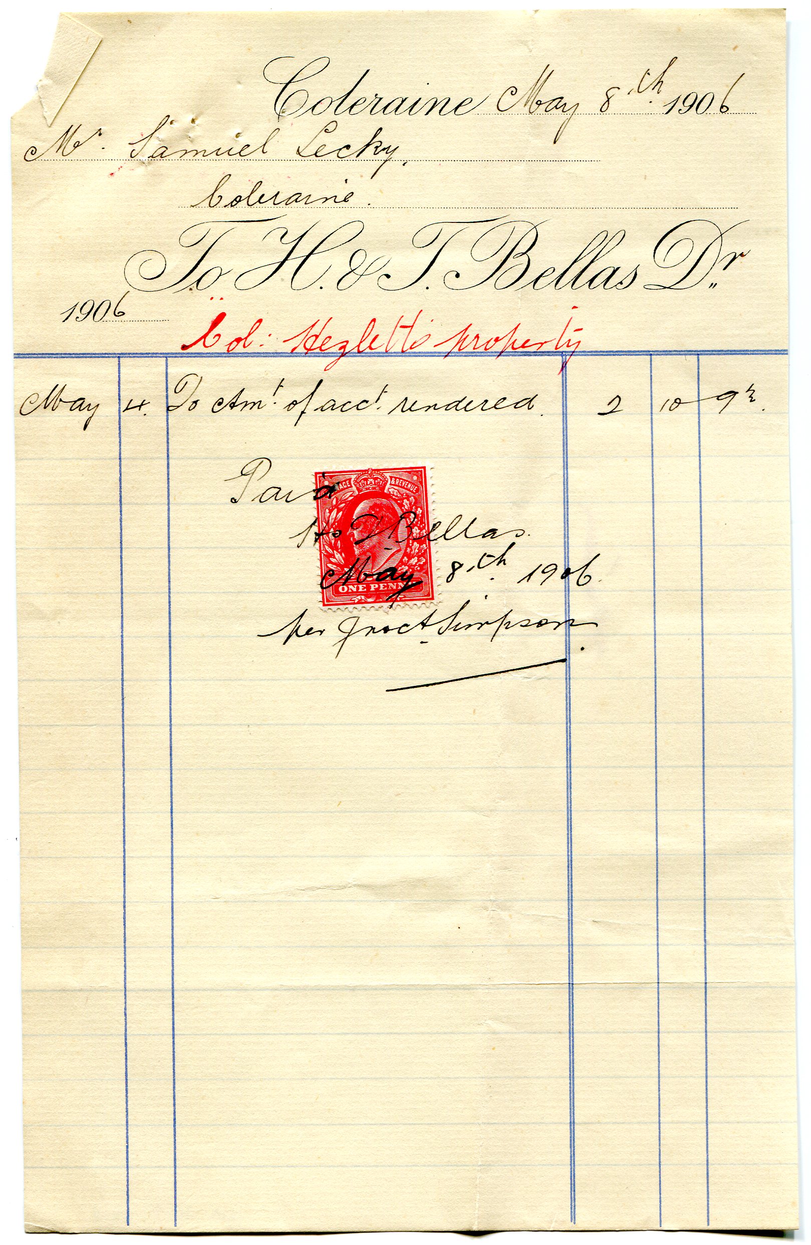 Handwritten invoice by H & T Bellas for 4th May 1906 for the sum of £2. ...