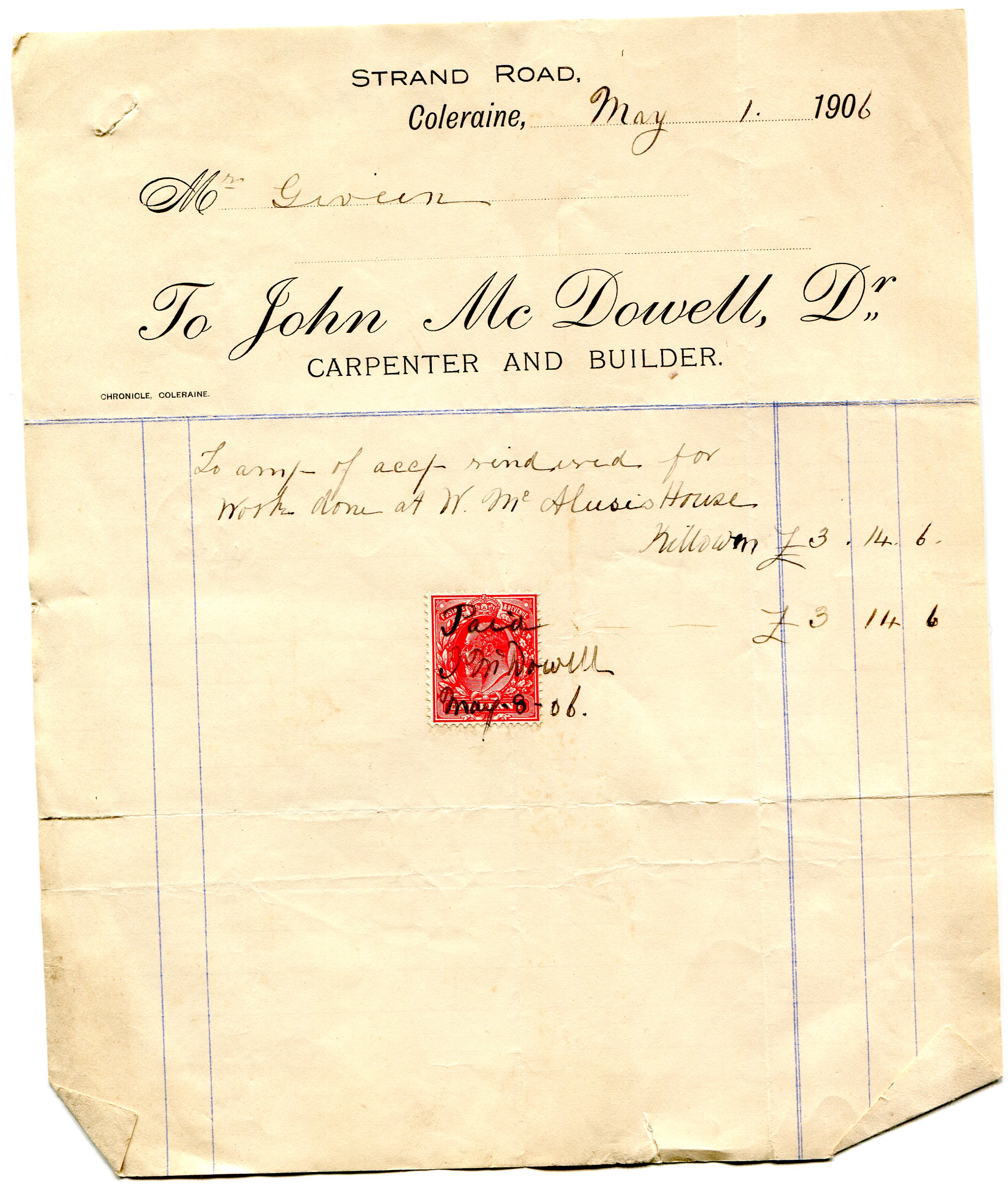 Handwritten receipt to Mr Given from John McDowell, carpenter and ...