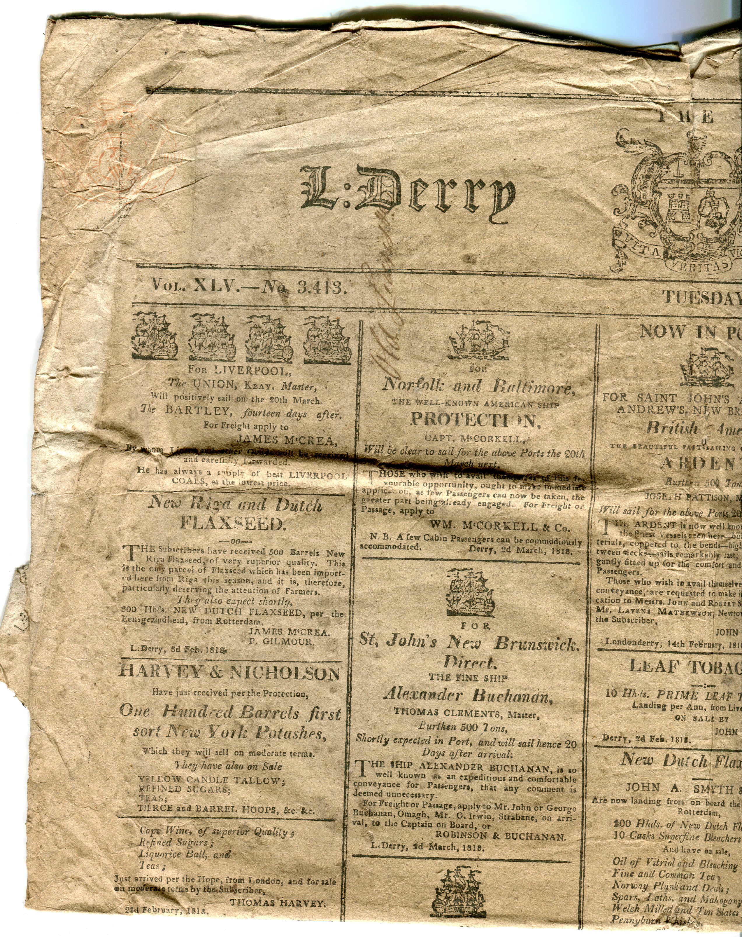 The front and back ? page of the ‘L:Derry Journal’ newspaper. Dated ...