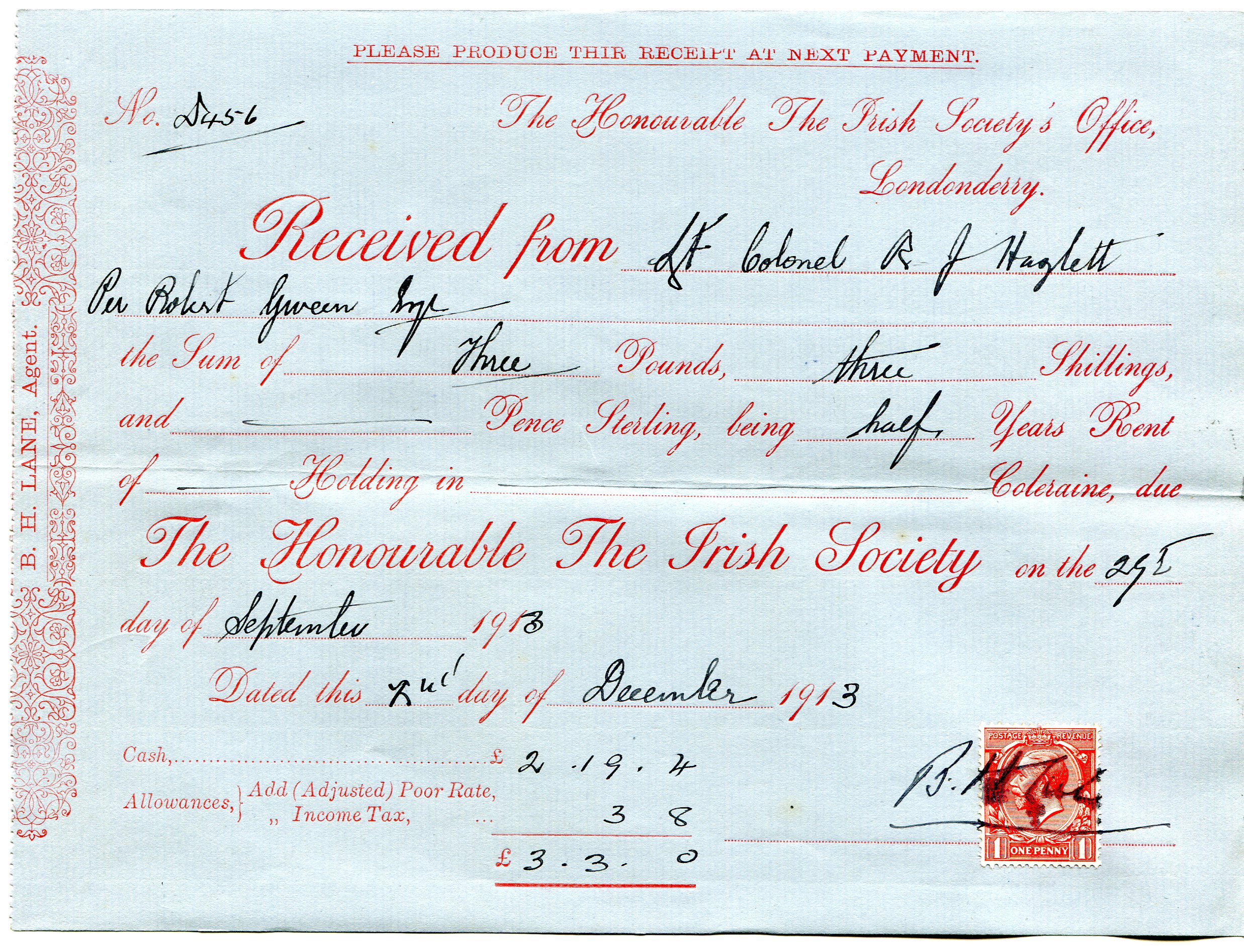 Handwritten receipt (blue paper) no. 456 for payment received from ...
