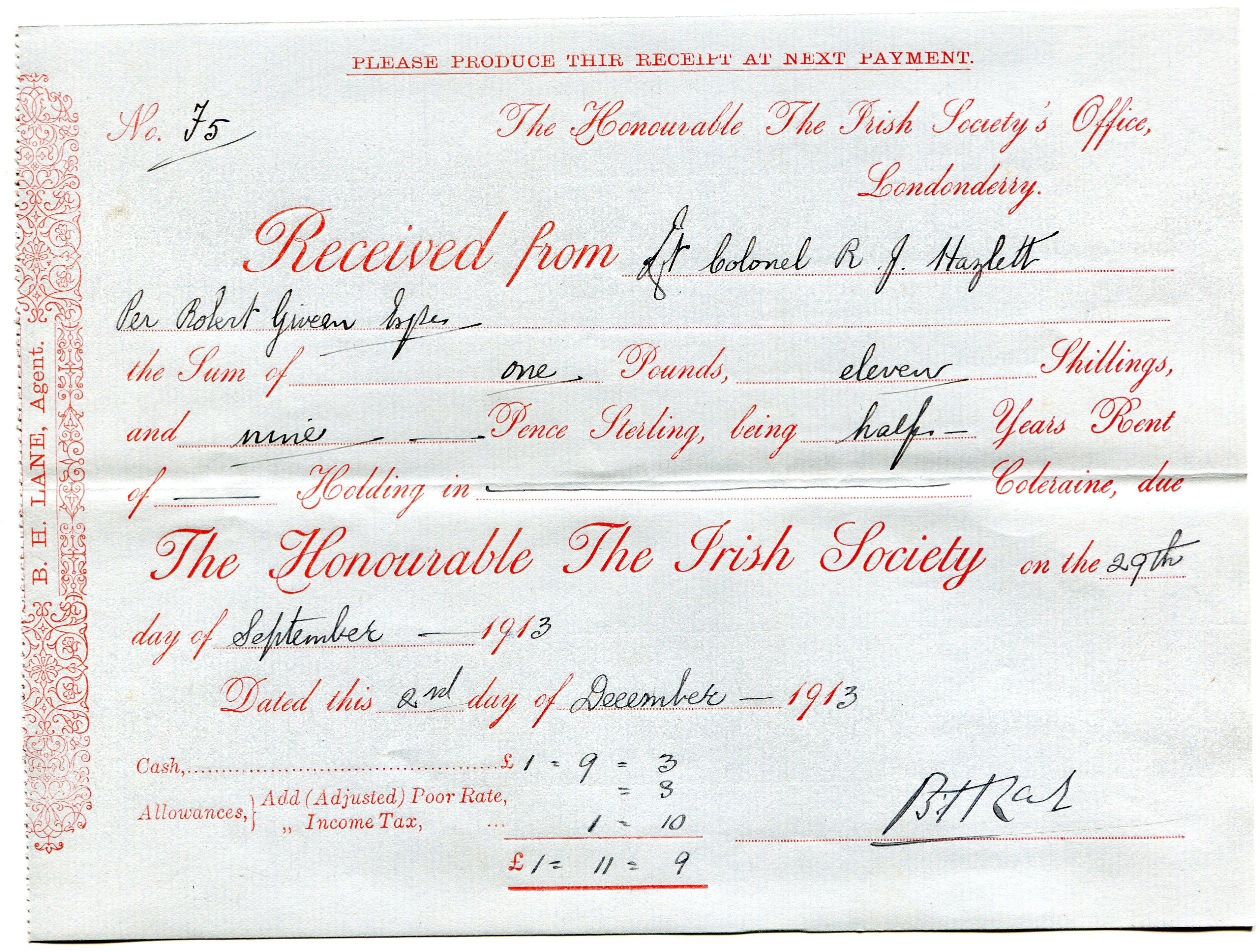 Handwritten receipt (blue paper) no. 5 for payment received from ...