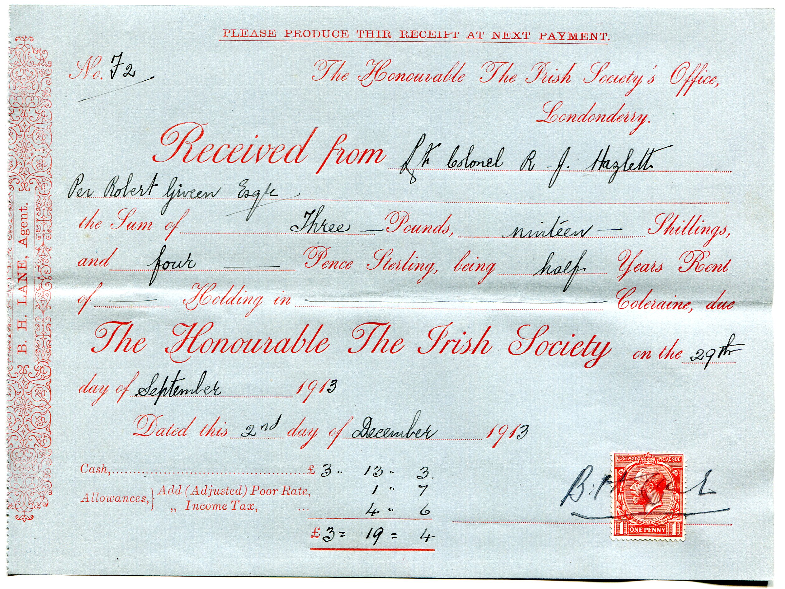 Handwritten receipt (blue paper) no. 2 for payment received from ...