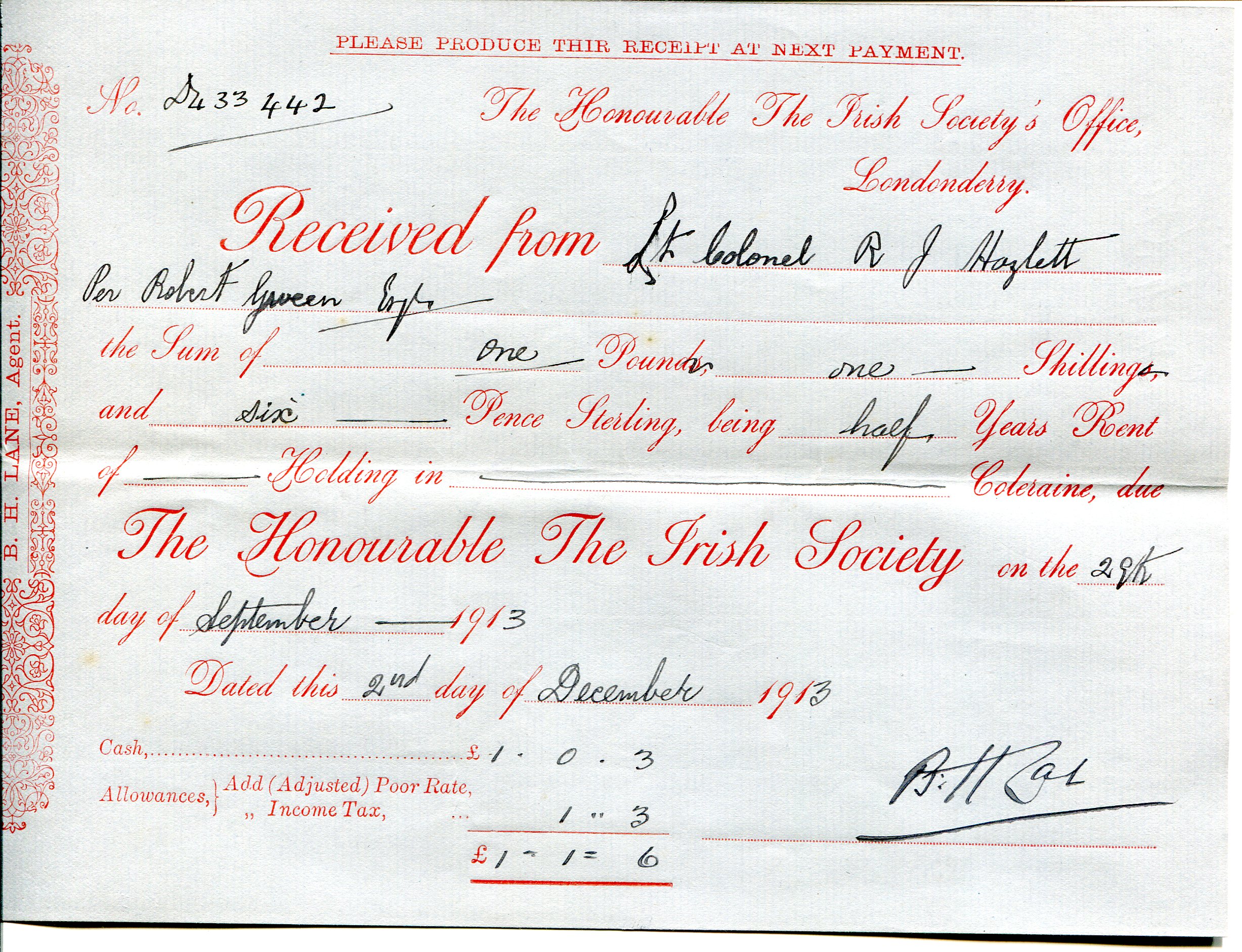 Handwritten receipt (blue paper) no. 433 and 442 for payment received ...