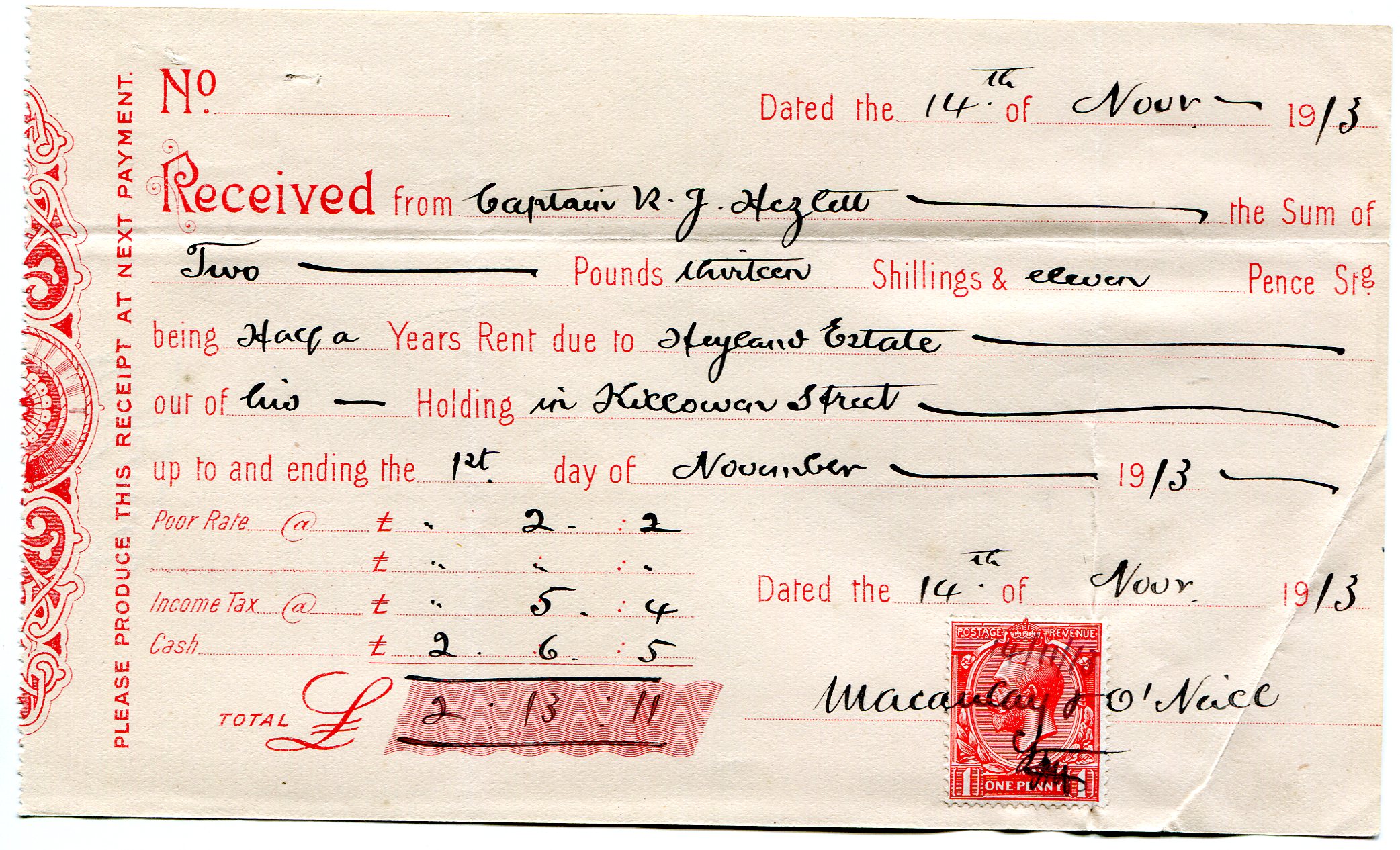 Handwritten receipt for payment received from Captain R J Hezlett ...