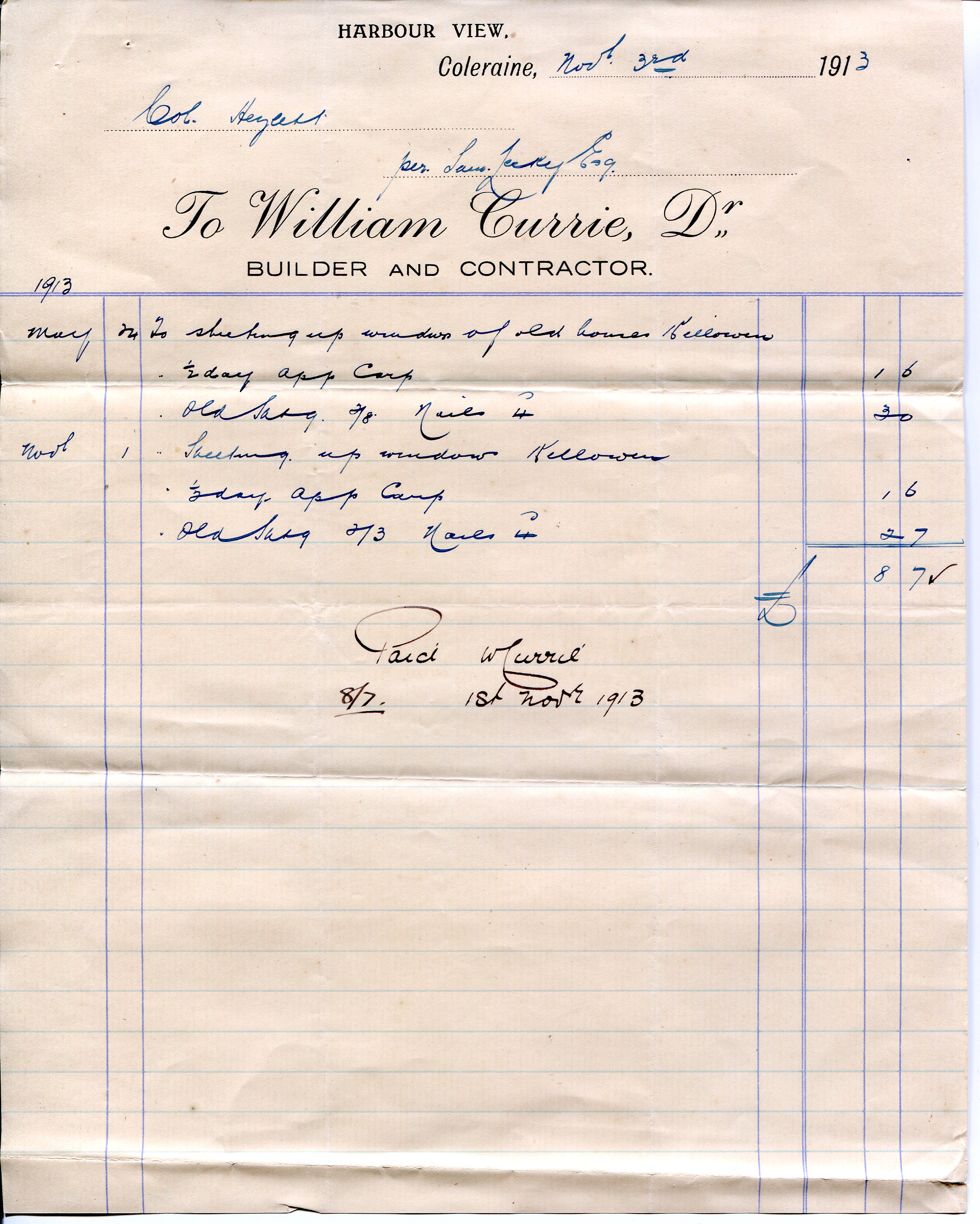 Handwritten receipt for payment received from Col. Hezlett [Hezlet] per ...