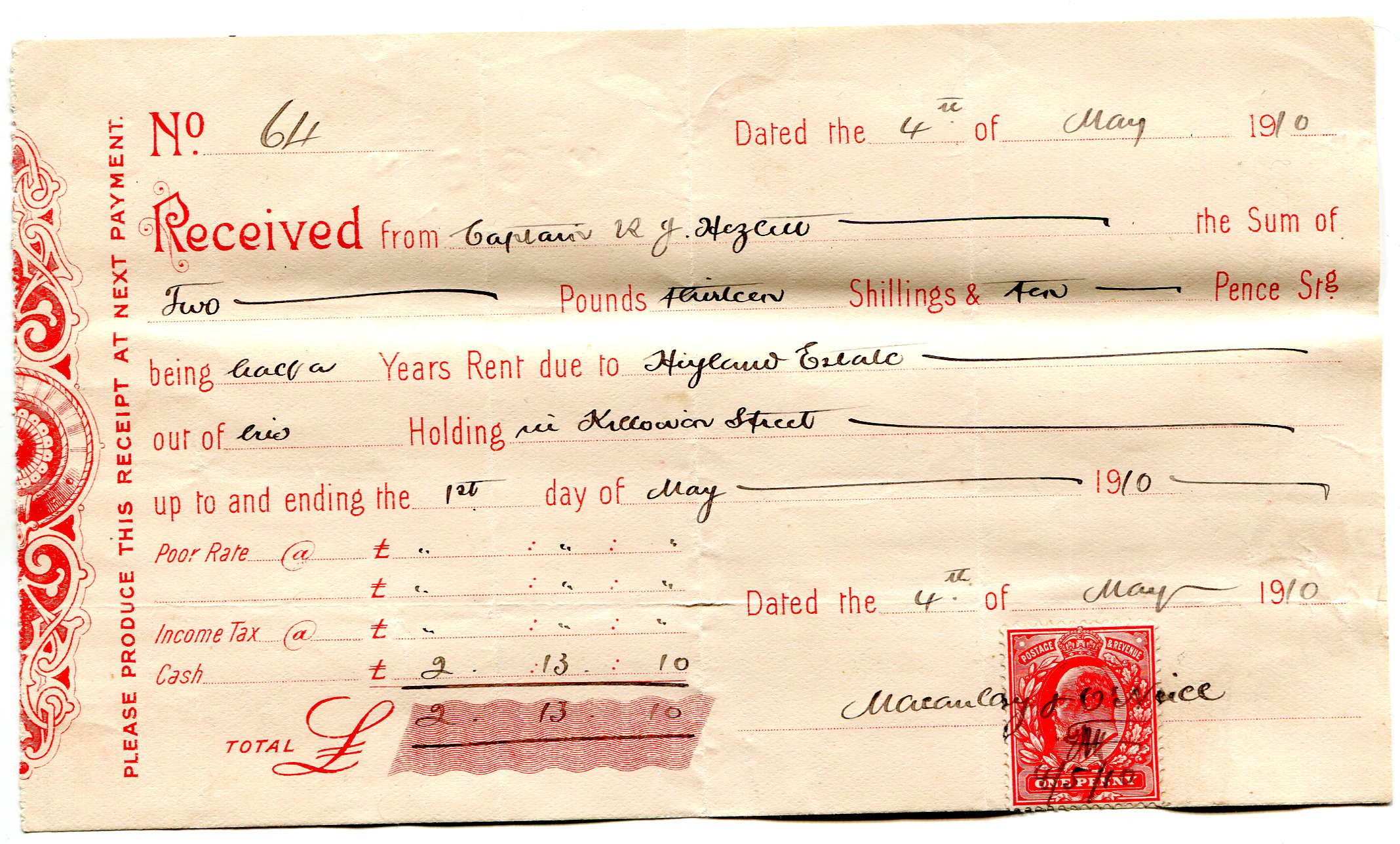 Handwritten receipt, No. 64, for payment from Captain R J Hezlett ...