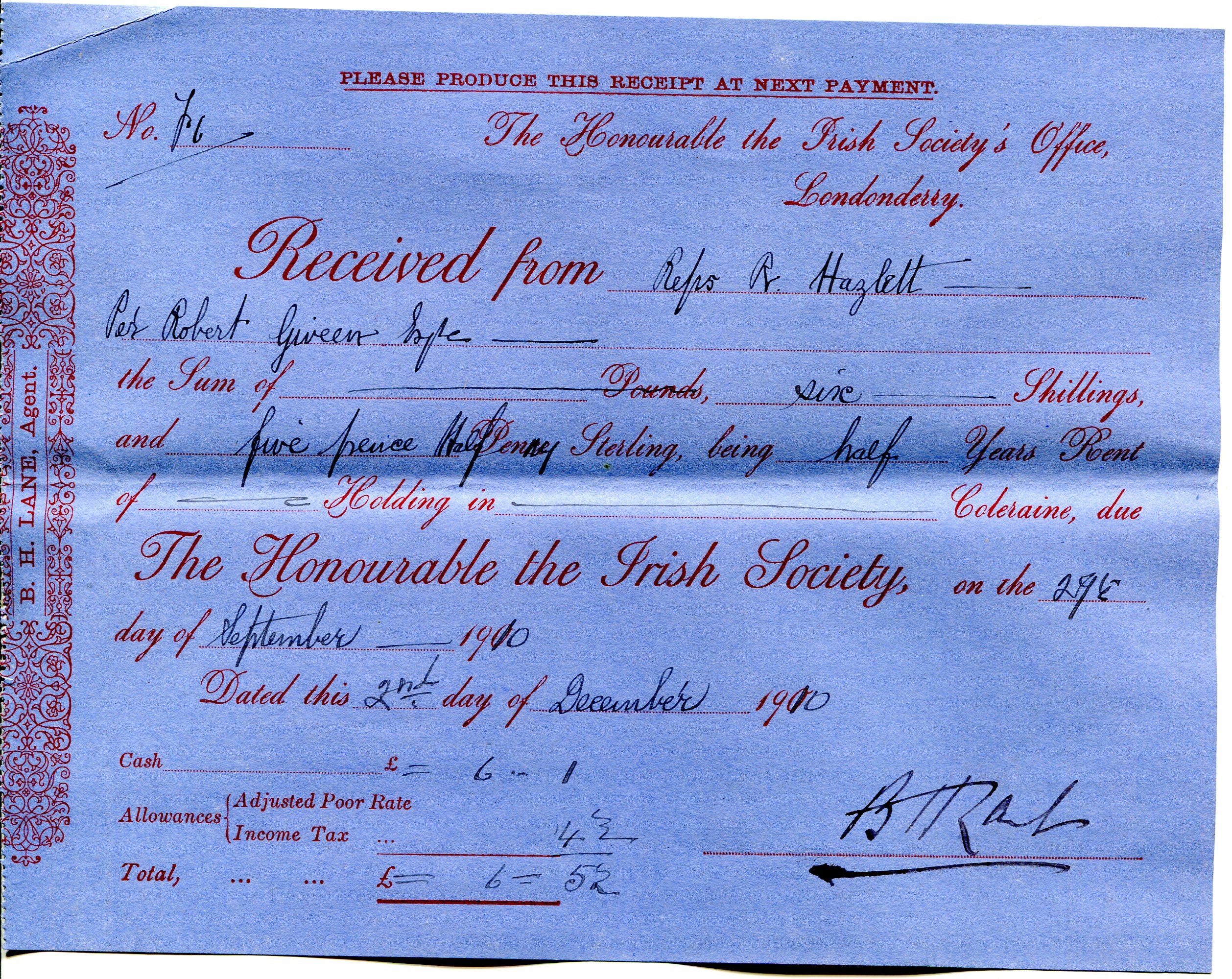 Handwritten receipt (blue paper), No. 6, for payment from R Hazlett ...
