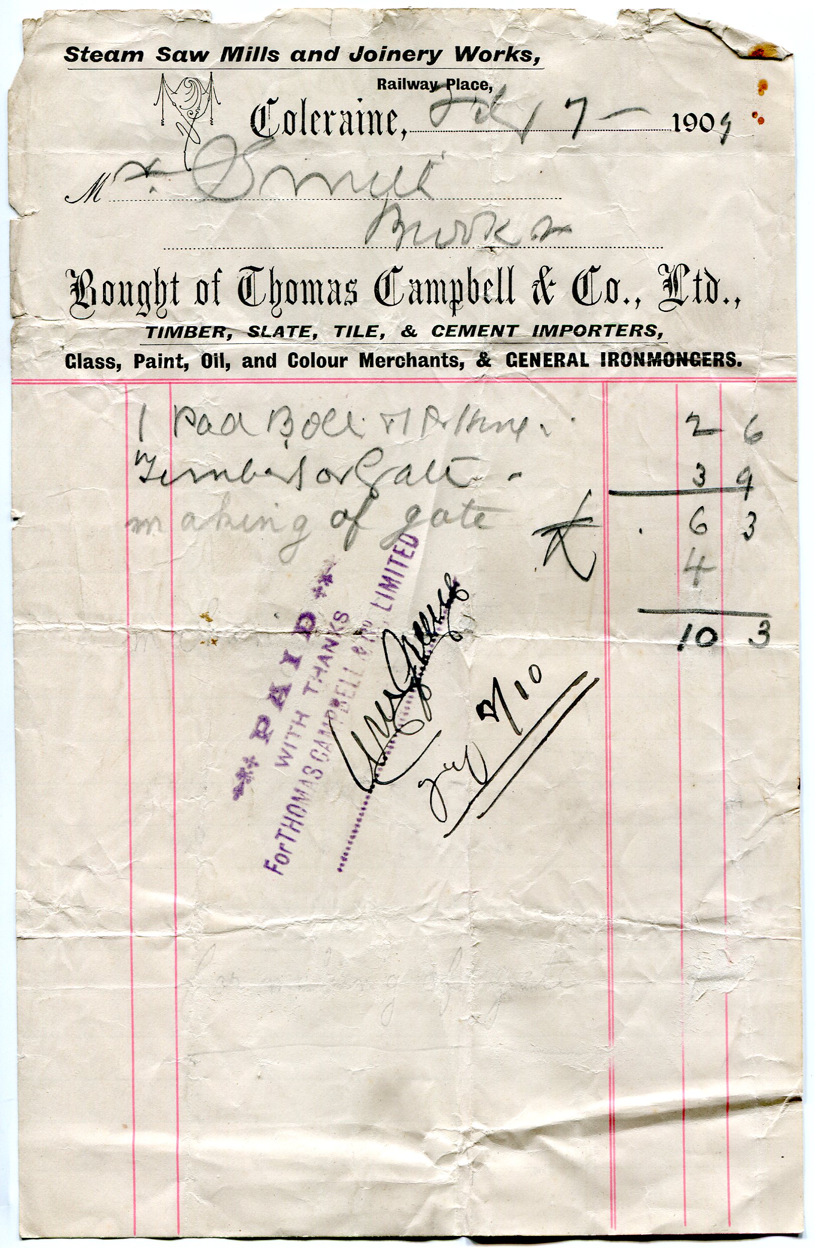 Handwritten receipt for Mr Smyth [?] of Brook Street for timber and ...