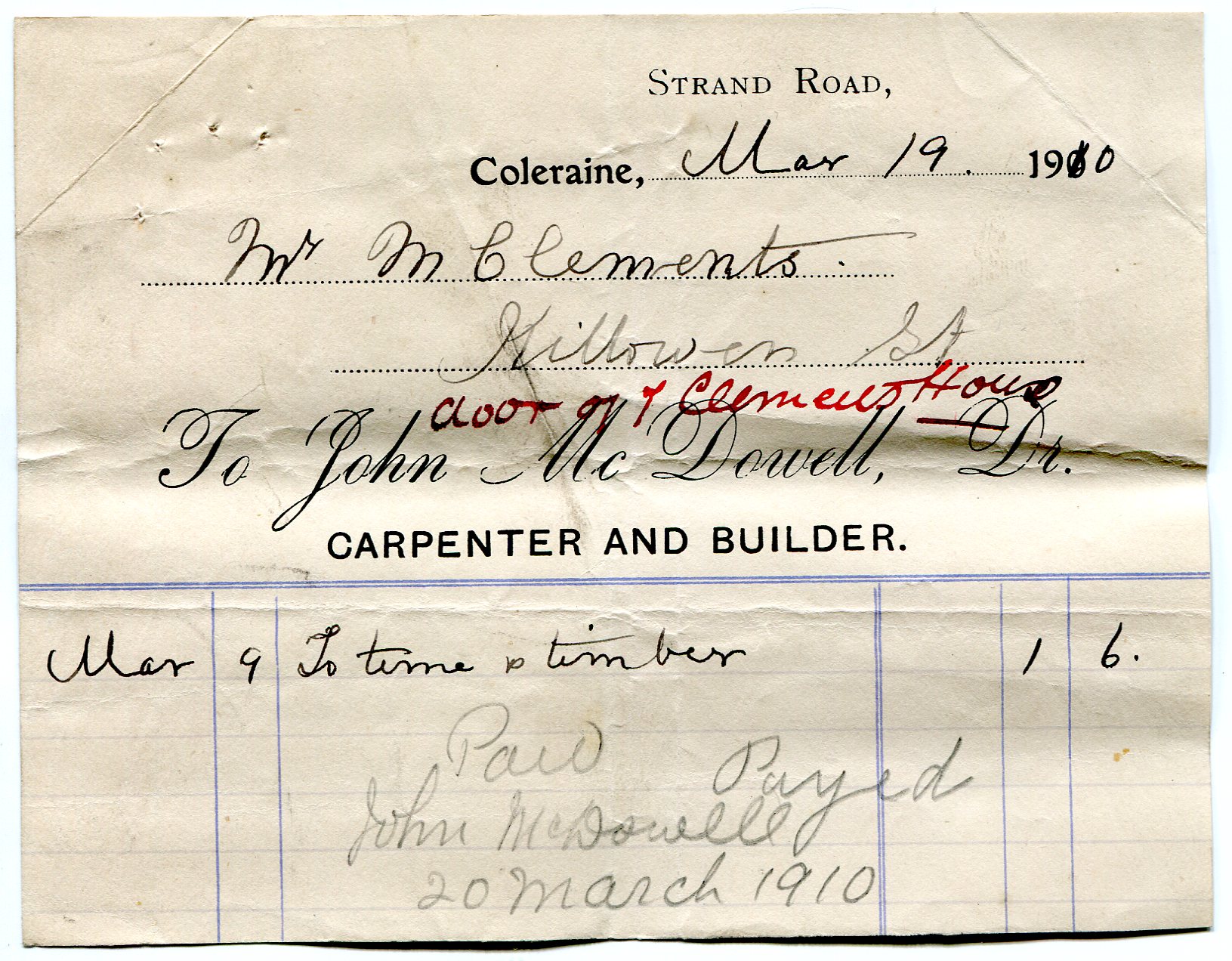 Handwritten receipt for payment by Mr M Clements, Killowen Street to ...