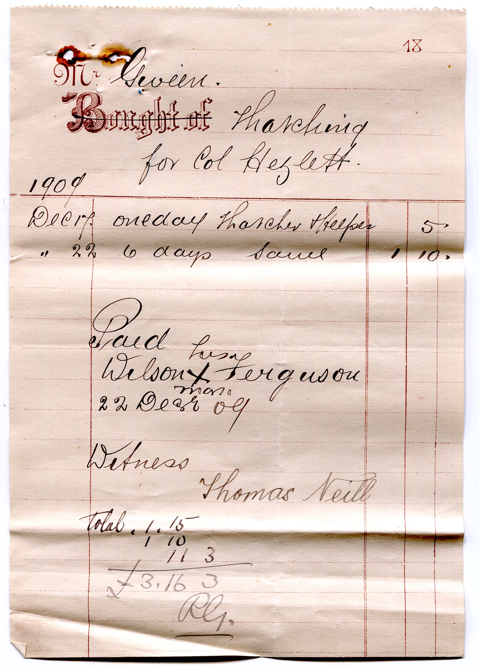 Handwritten receipt for payment of £3.16.3 from Mr [Robert] Giveen on ...