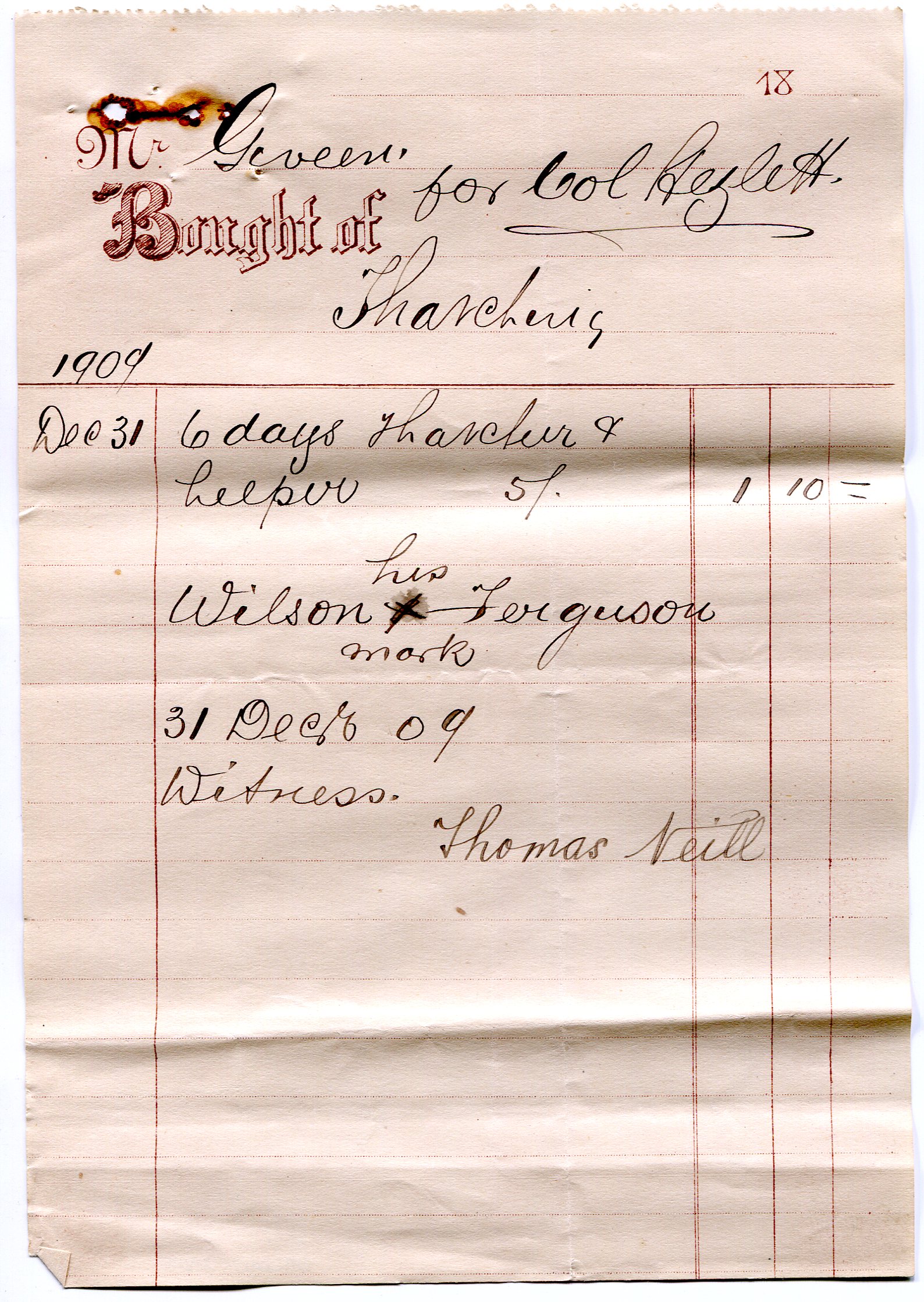 Handwritten receipt for payment of £1.10.0 from Mr [Robert] Giveen on ...