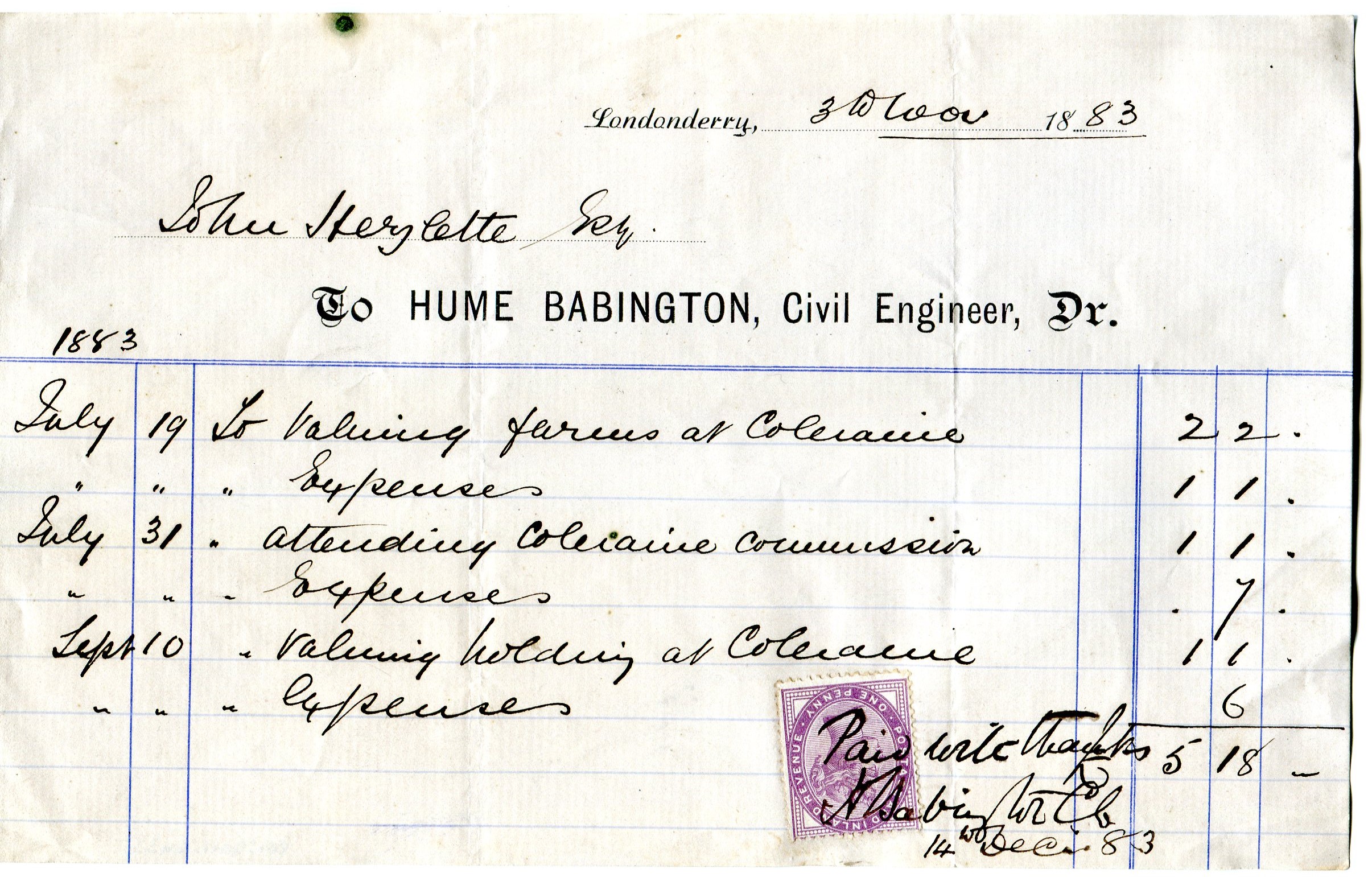 Handwritten invoice or receipt from Hume Bebington, Civil Engineer ...