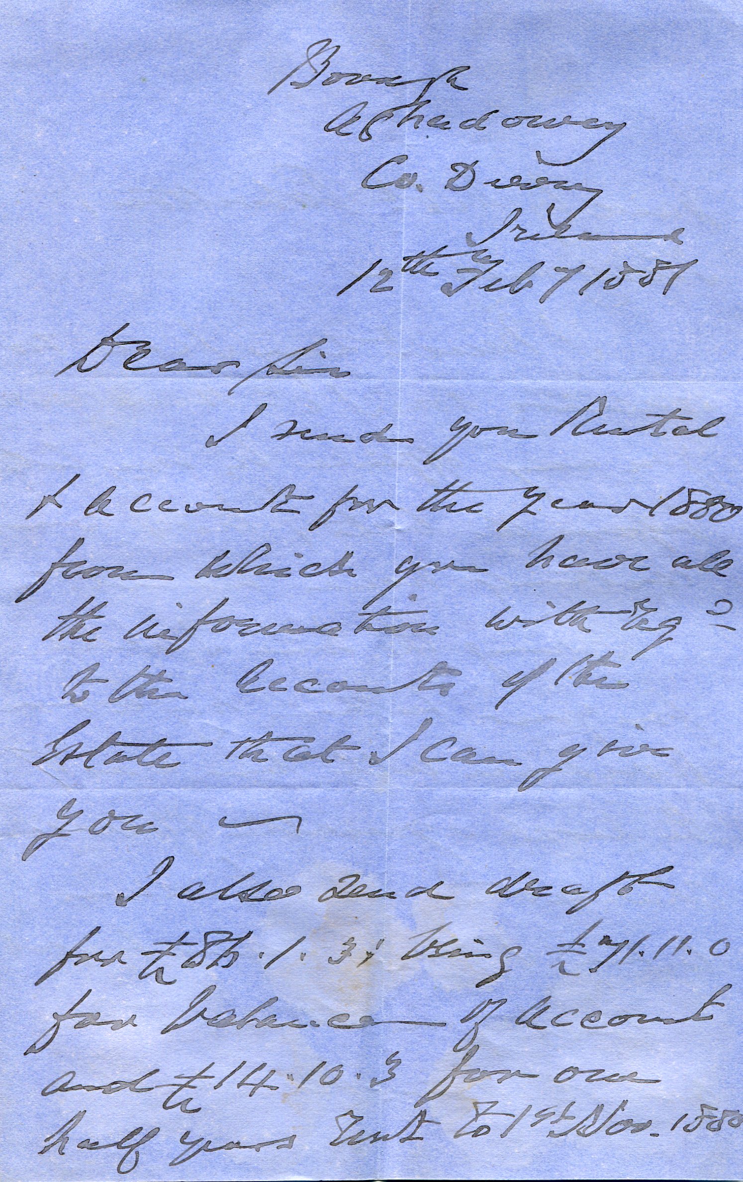 Handwritten letter to ‘Dear Sir’. Is sending information re accounts ...