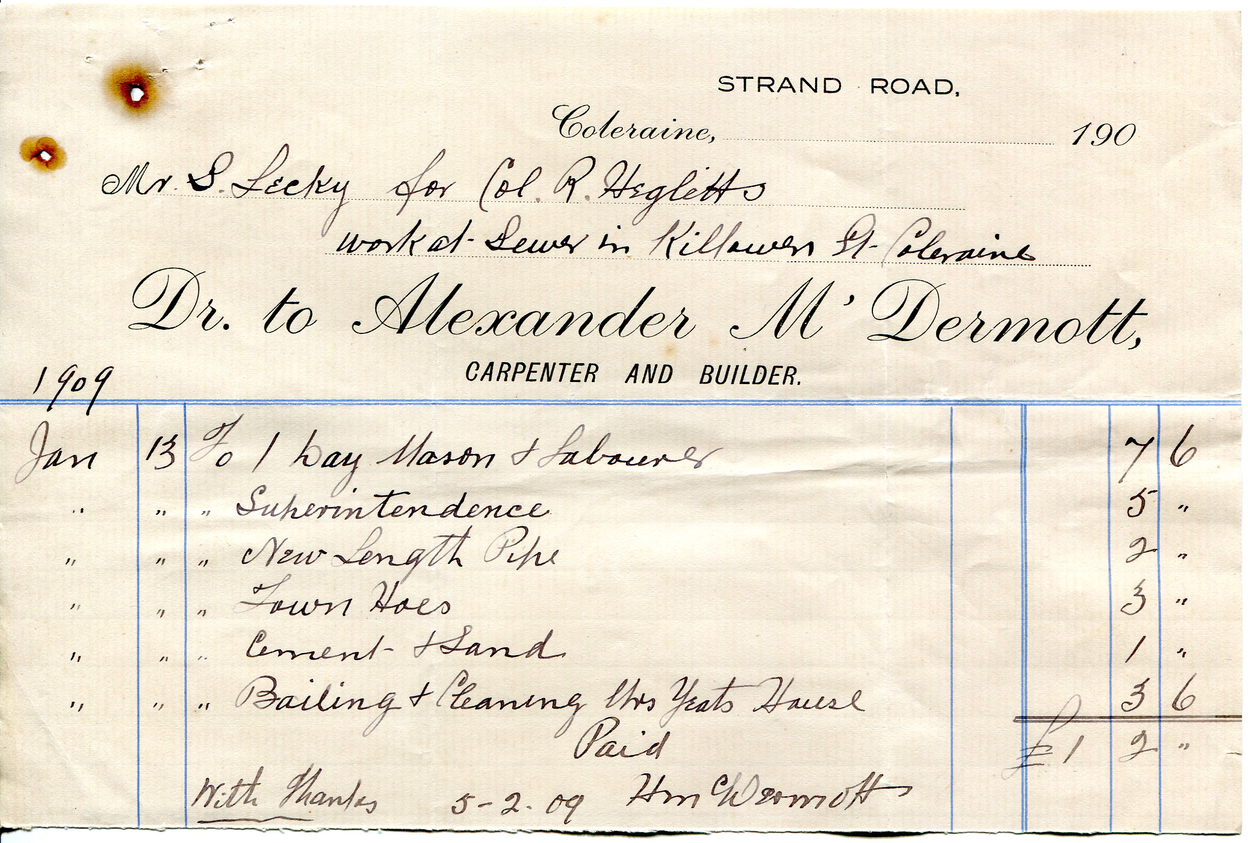 Handwritten receipt for work and materials completed in January, 1909 ...