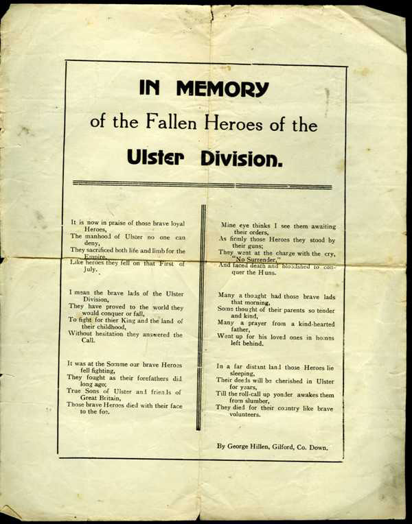 Leaflet – poem entitled ‘In Memory of the Fallen Heroes of the Ulster ...