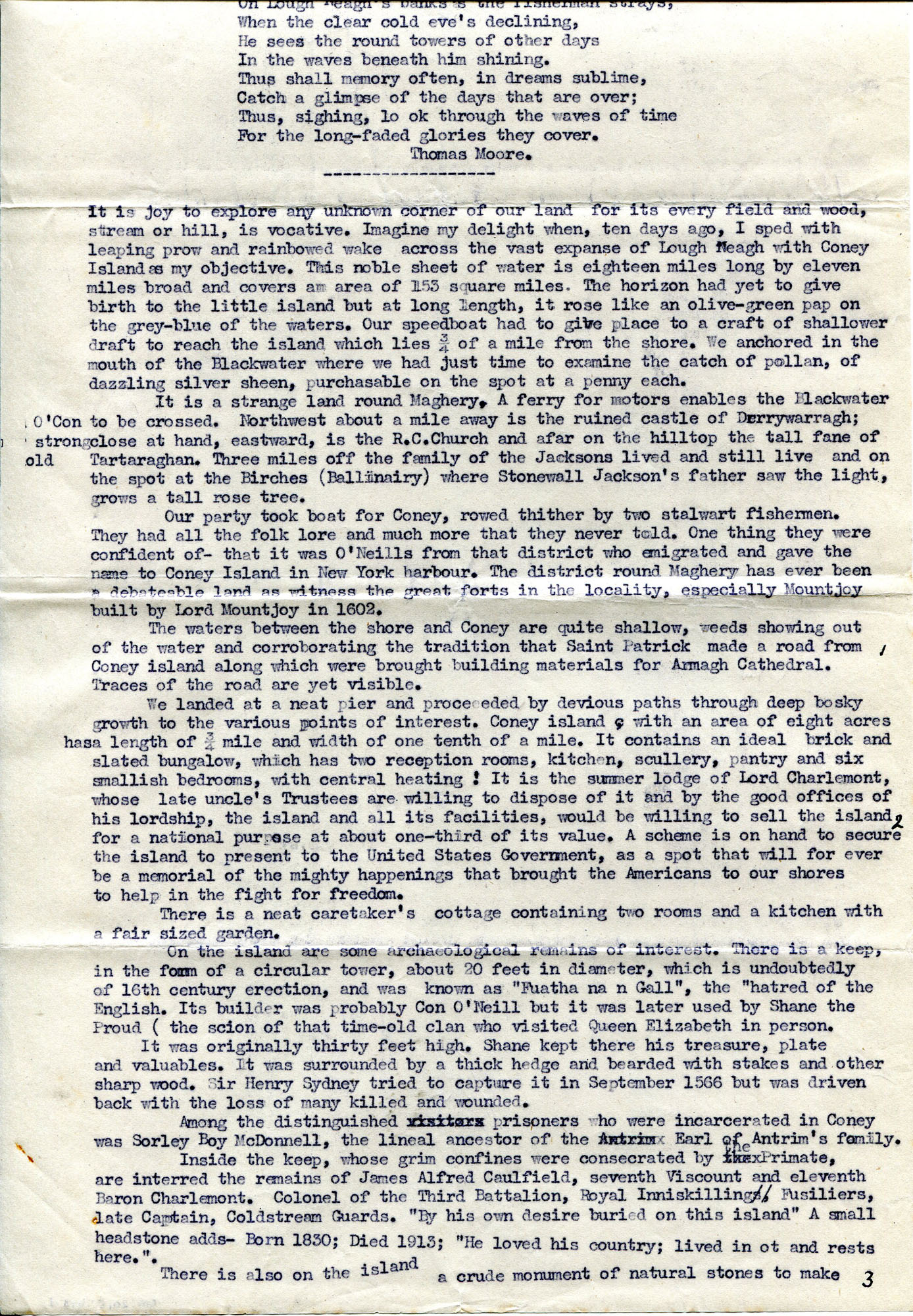 Page 1 of 3. Typed story for an article. Titled, ‘Ulster’s Coney Island ...