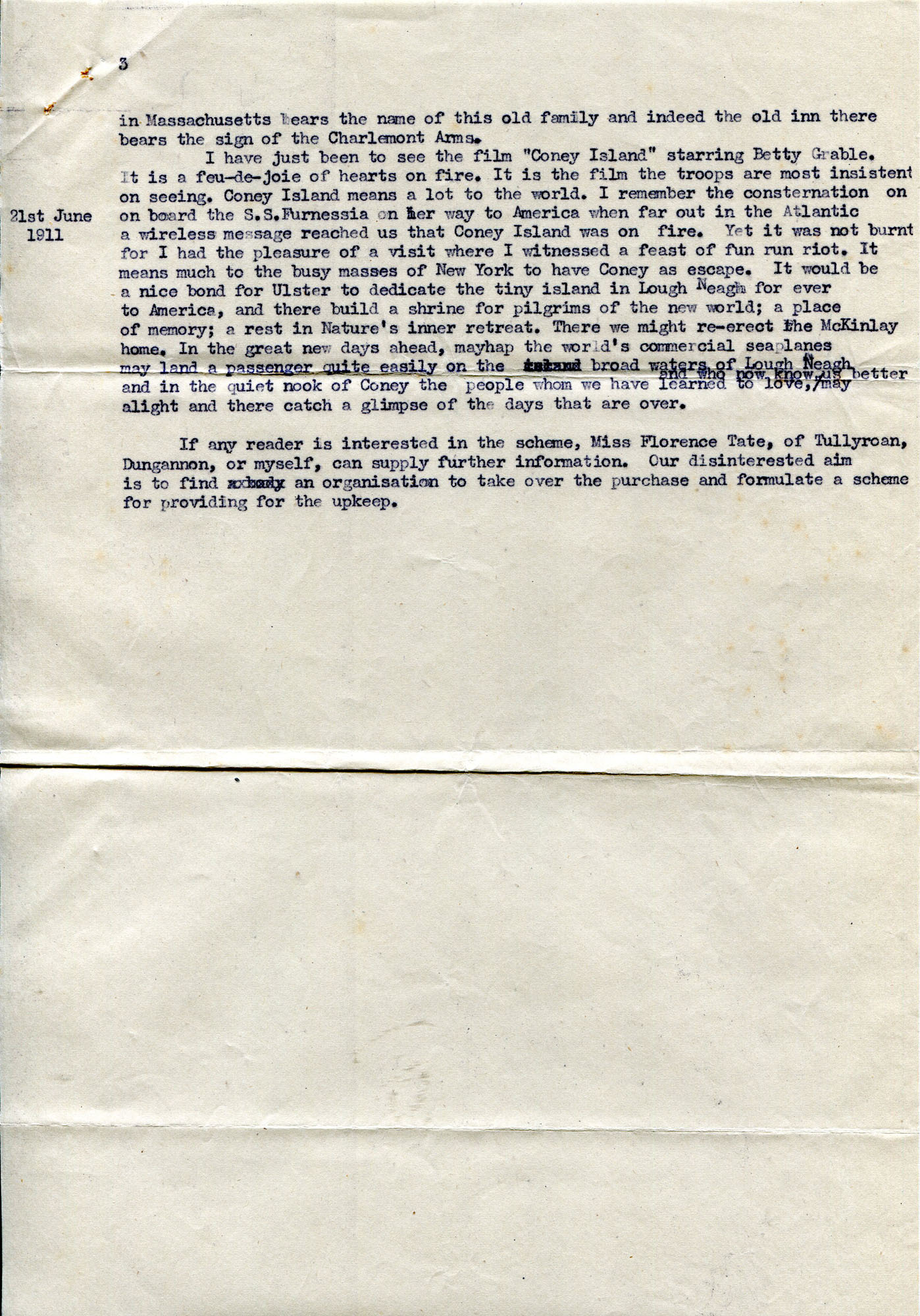 Page 3 of 3. Typed story for an article. Titled, ‘Ulster’s Coney Island ...