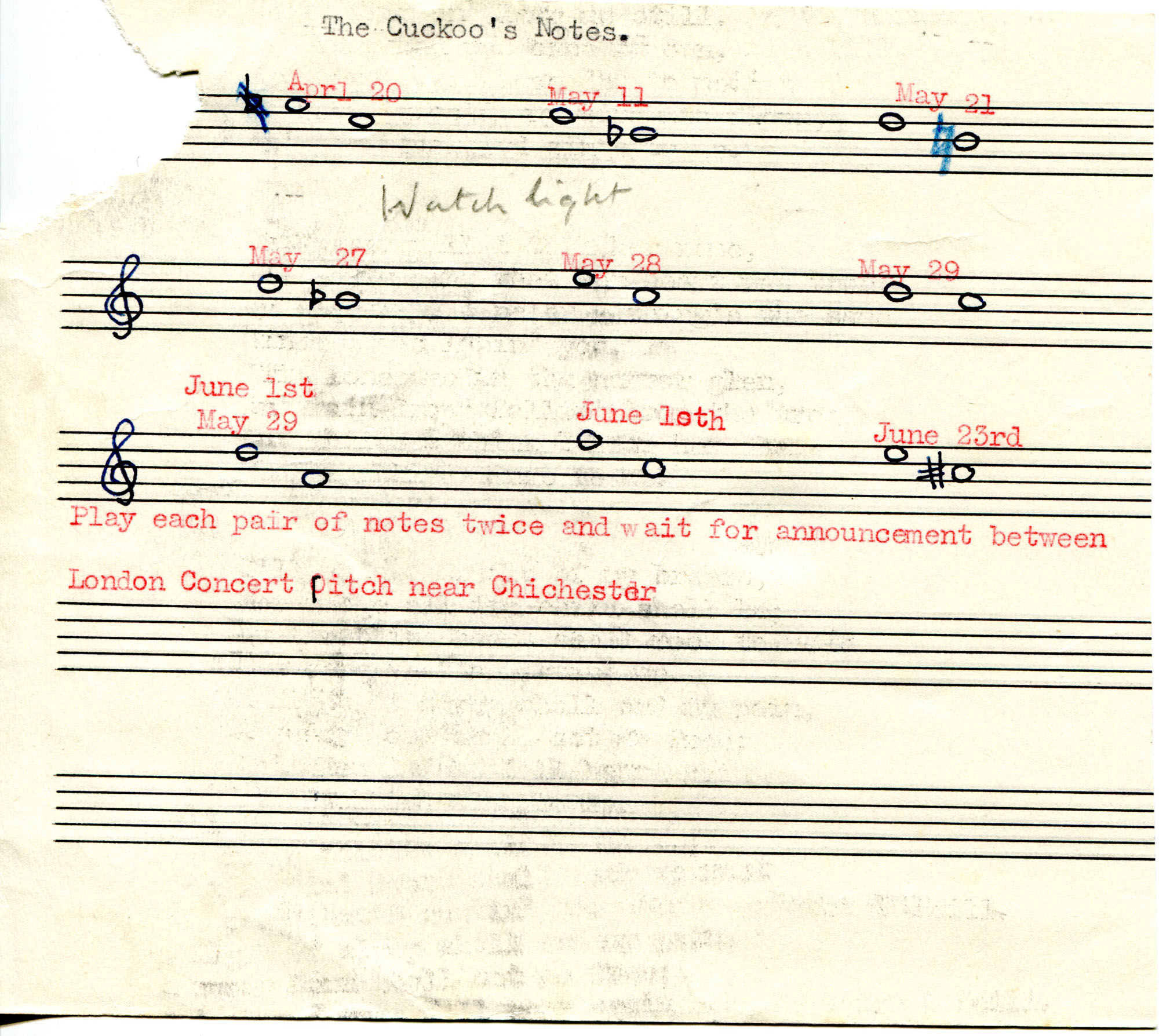 Handwritten musical notes on manuscript paper titled, ‘The Cuckoo’s ...