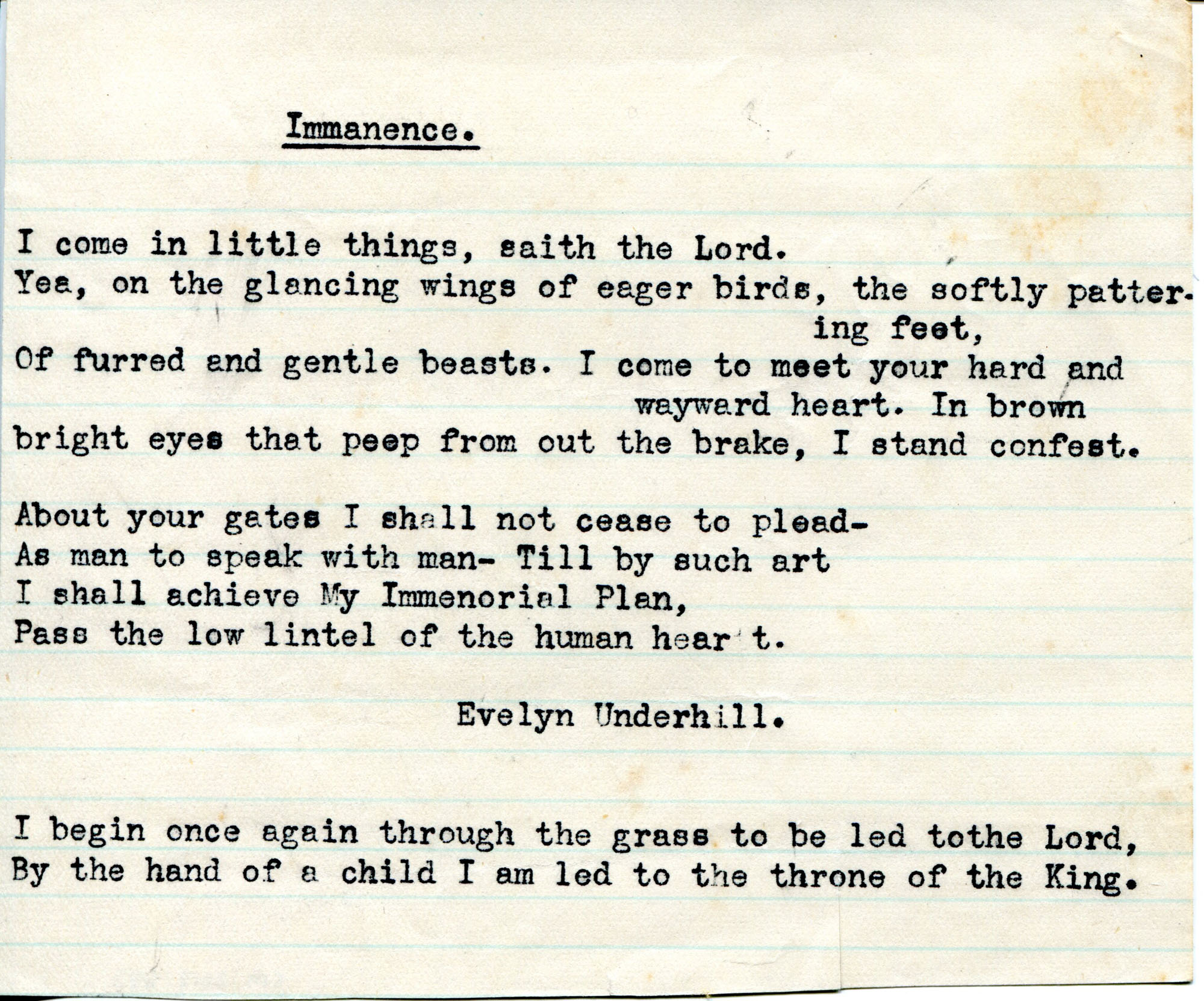 Typed poem on cut out piece of lined paper titled, ‘Immanence’ by ...