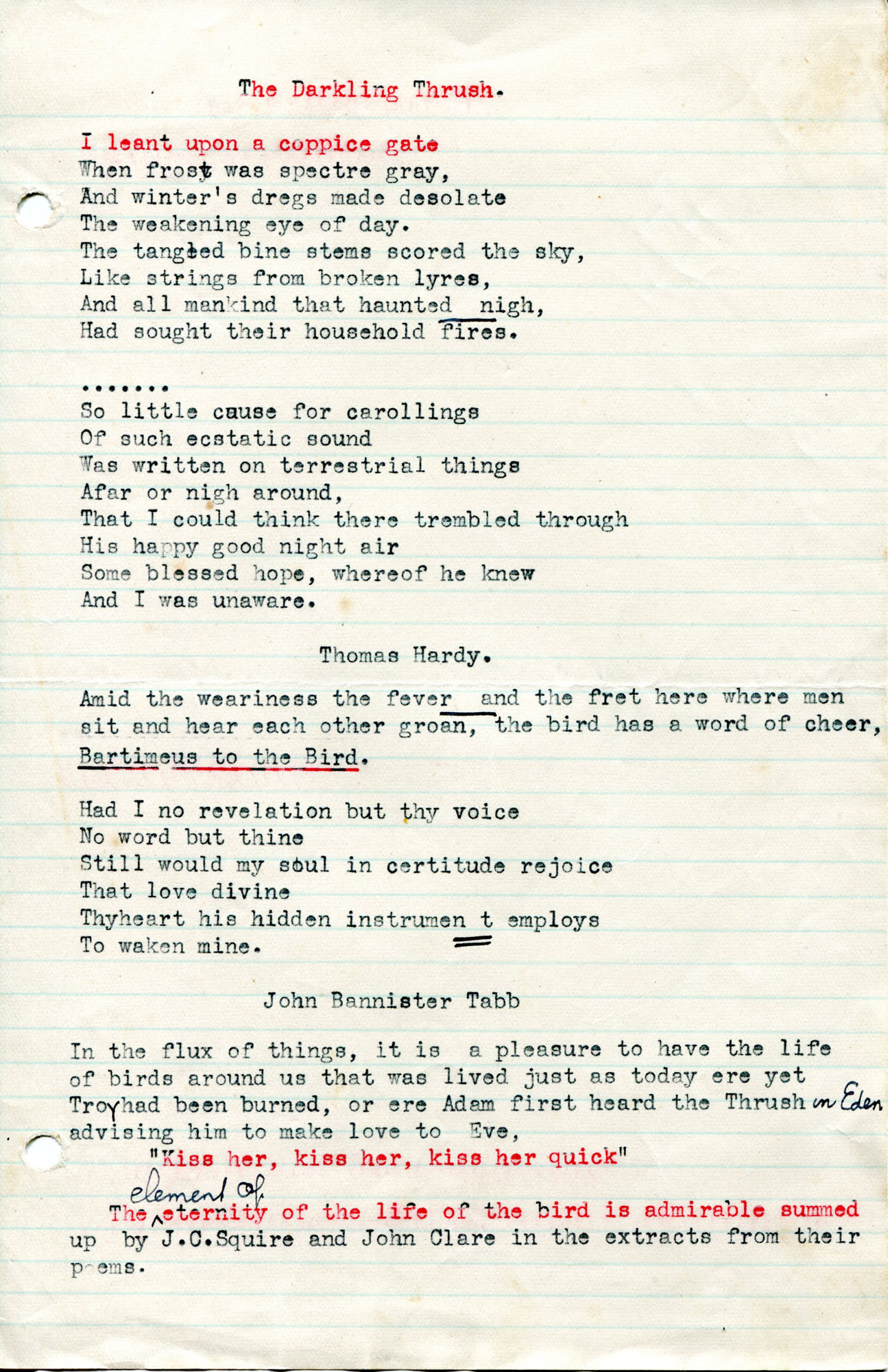 Typed verses from poems – ‘The Darkling Thrush’ by Thomas Hardy, lines ...