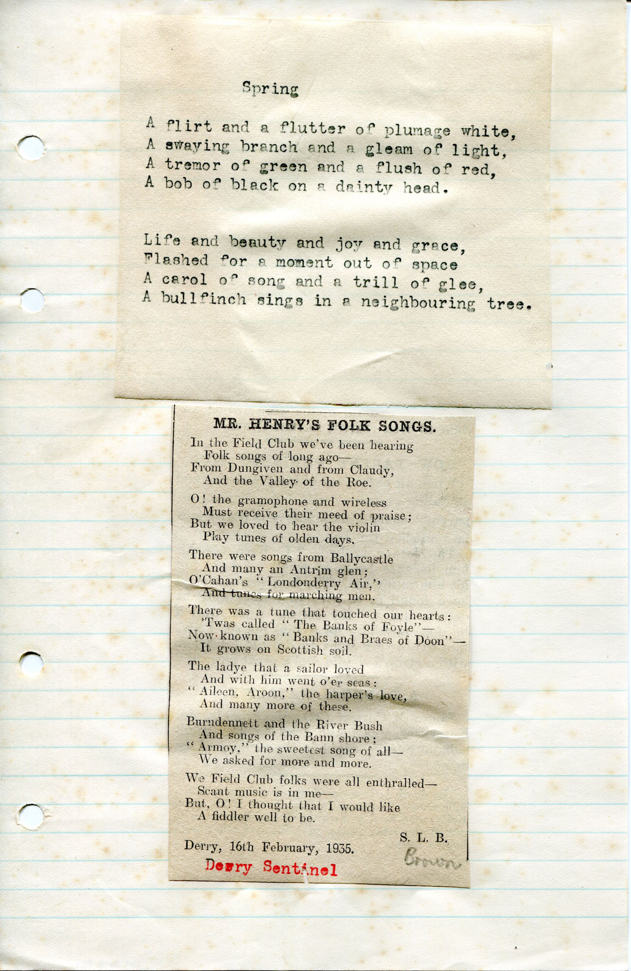 Two poems cut out and pasted to paper. One is titled ‘Spring’ re birds ...